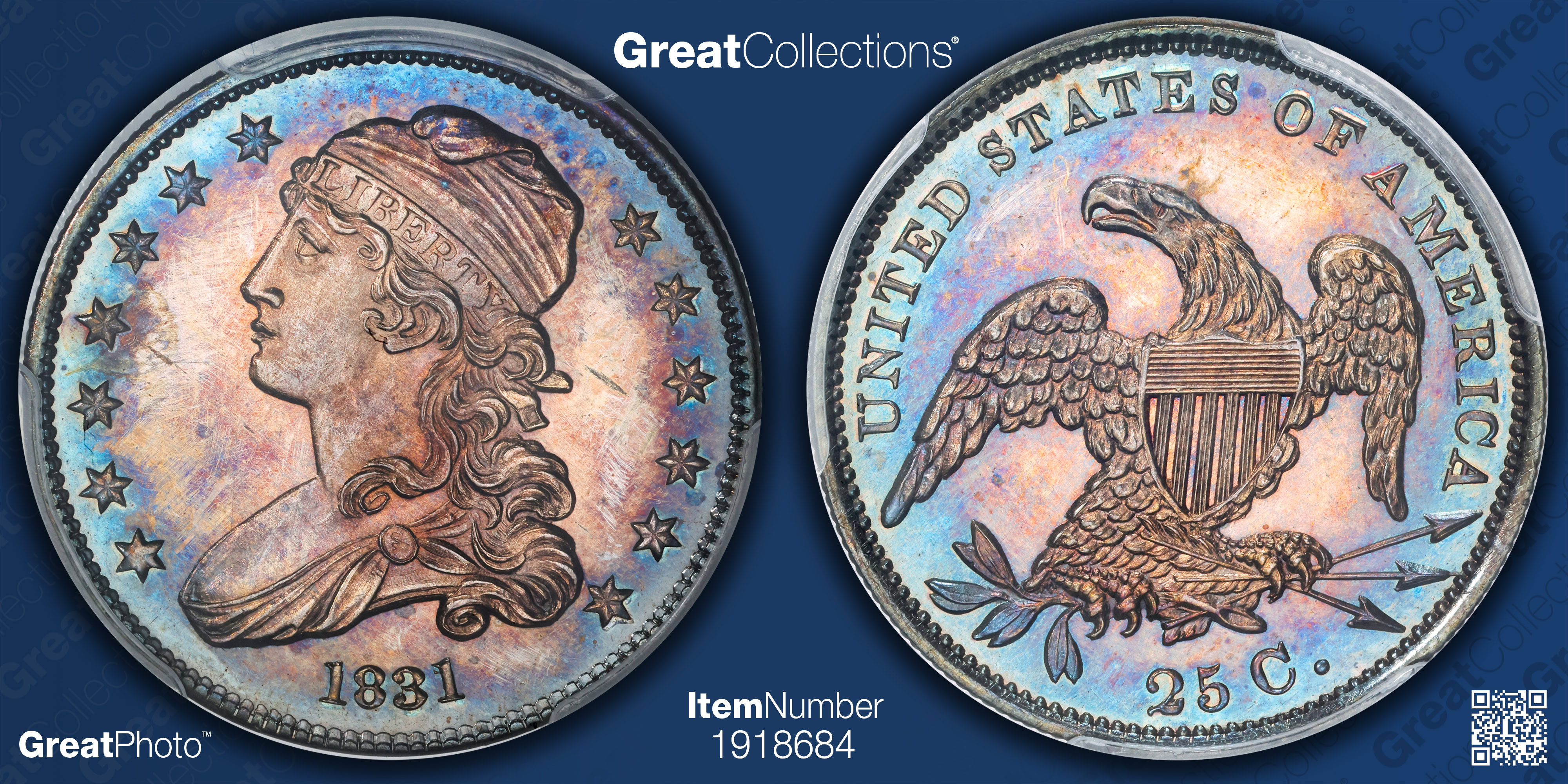 1831 Capped Bust Quarter Large Letters PCGS Proof-65 CAMEO (CAC Green ...