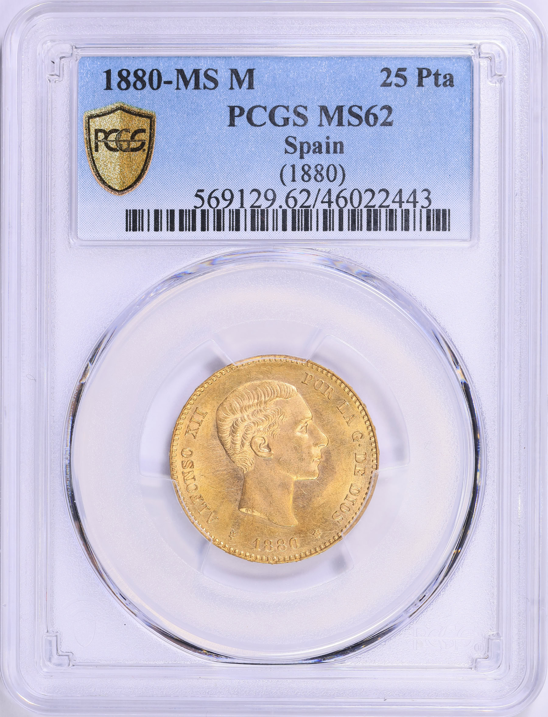 Spain 1880 (1880)-MS M Gold 25 Pesetas KM-673 PCGS MS-62 (AGW = 0.2334 ...