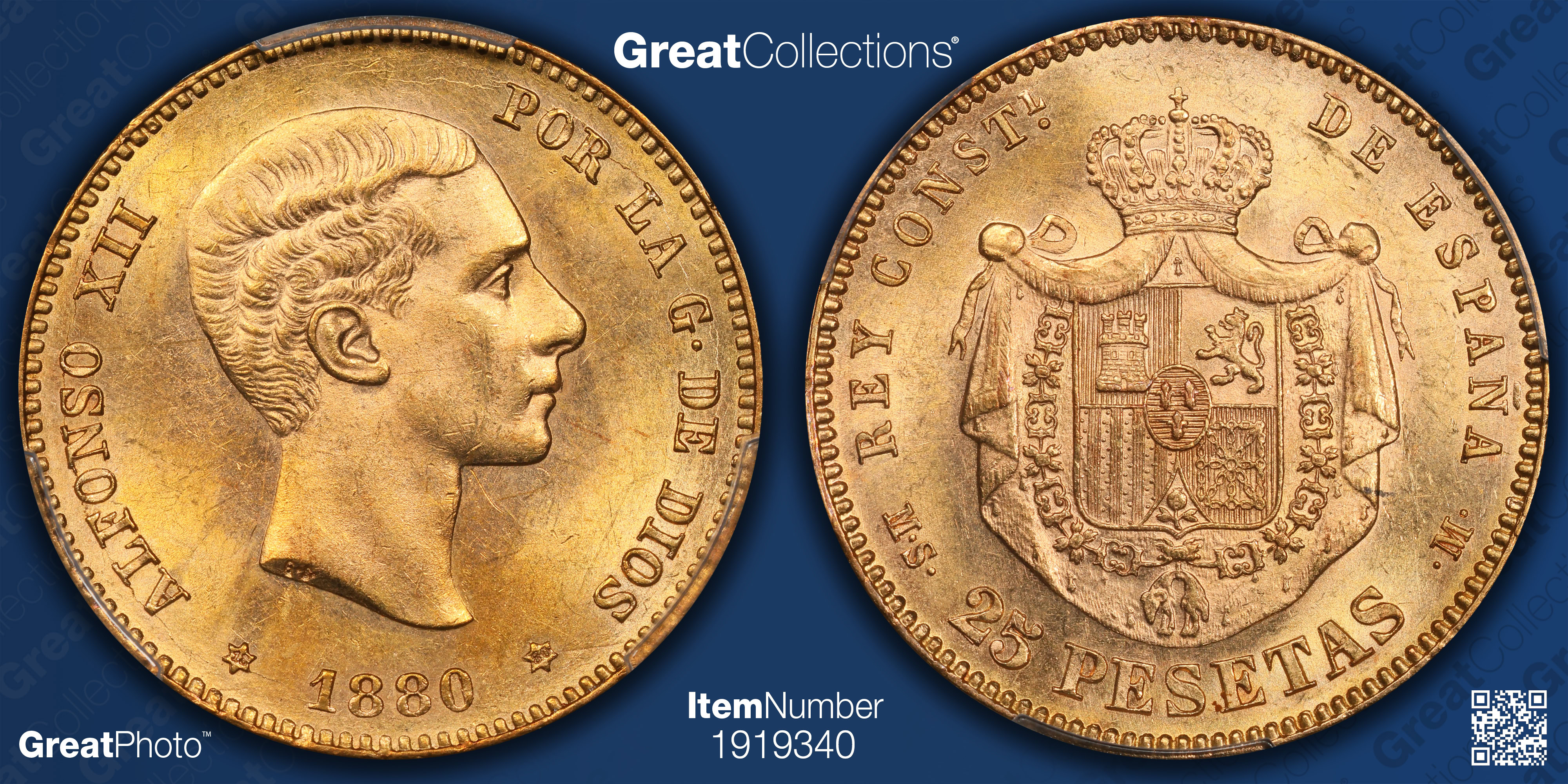 Spain 1880 (1880)-MS M Gold 25 Pesetas KM-673 PCGS MS-62 (AGW = 0.2334 ...