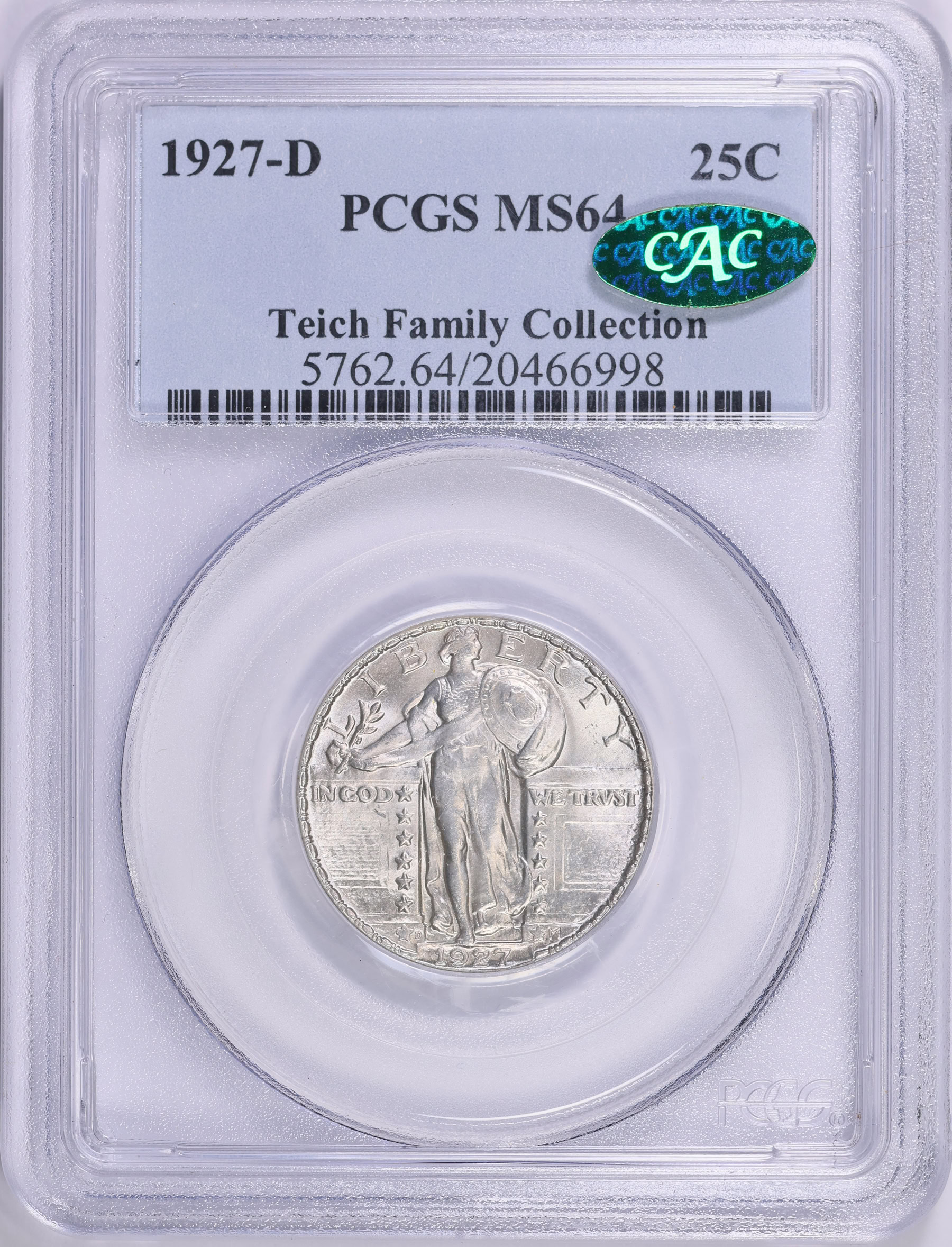1927-D Standing Liberty Quarter PCGS MS-64 (CAC Green) (Teich Family ...