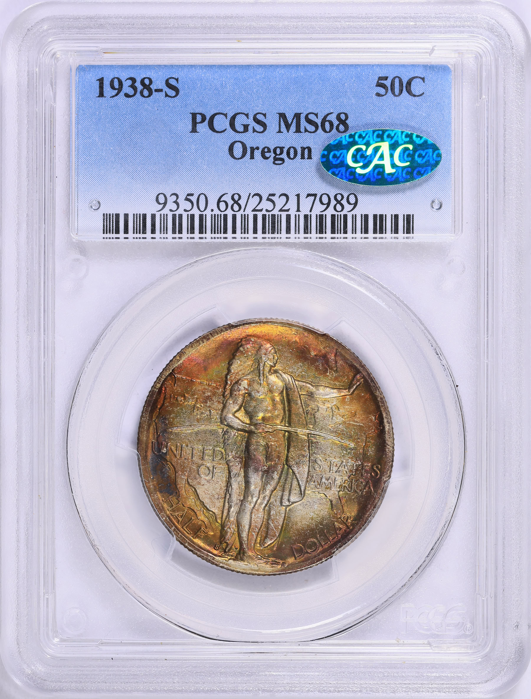 1938-S Oregon Trail Memorial Half Dollar PCGS MS-68 (CAC Green) (Toned ...