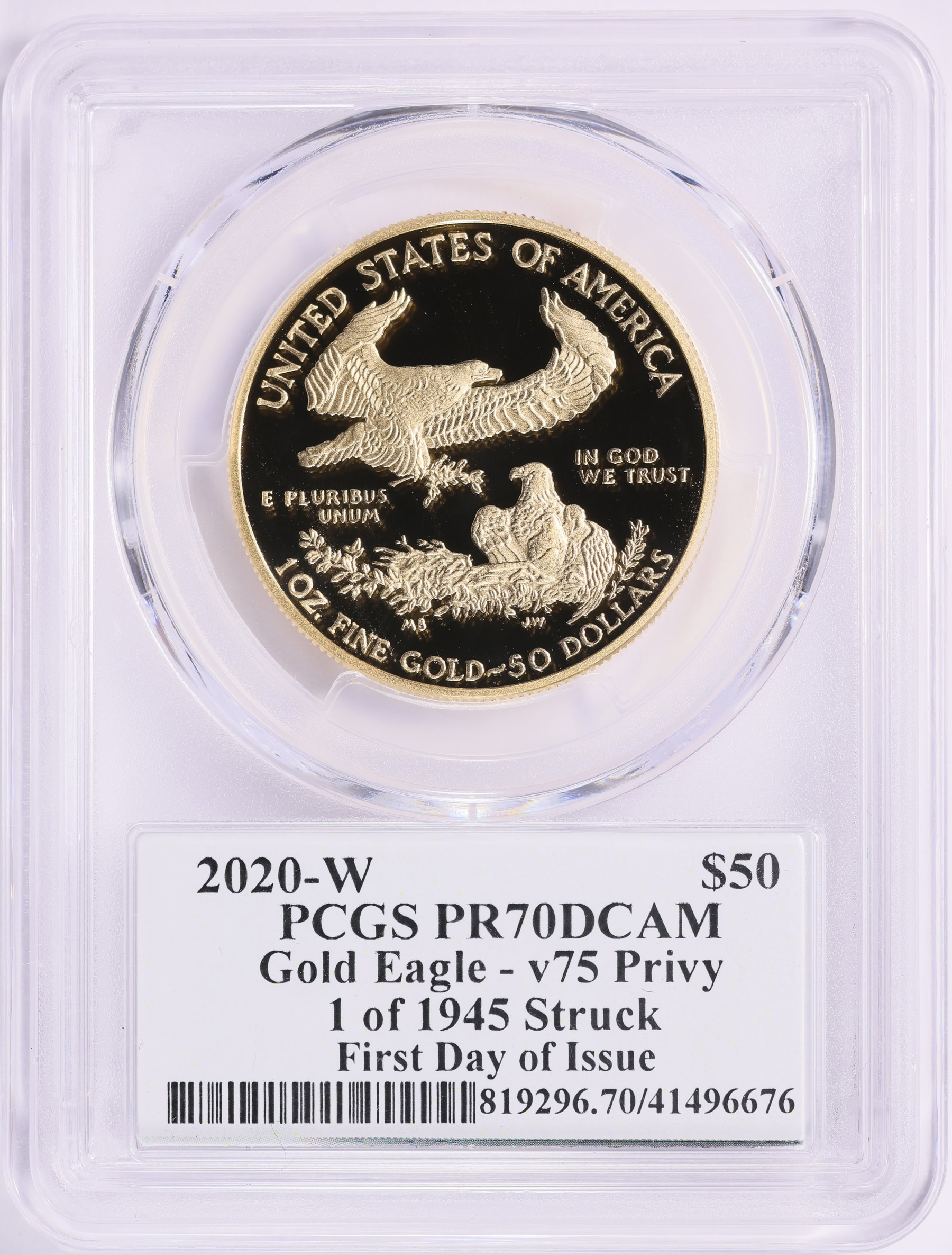 2020-W $50 One-Ounce Gold American Eagle V75 Privy 1 of 1945 Struck ...