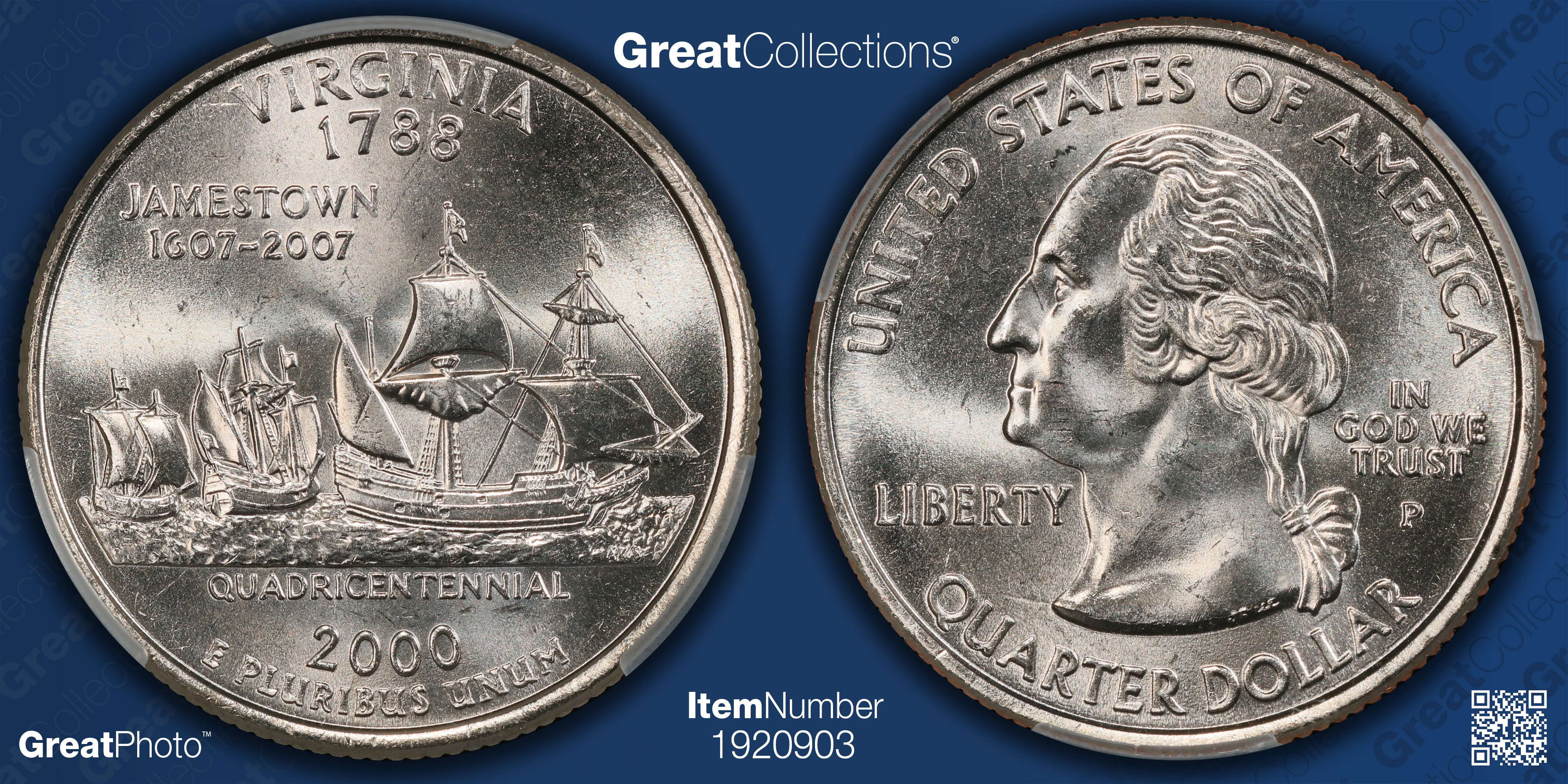 2000-P State Quarter Virginia CACG Choice BU (Inaugural Sample Slab ...