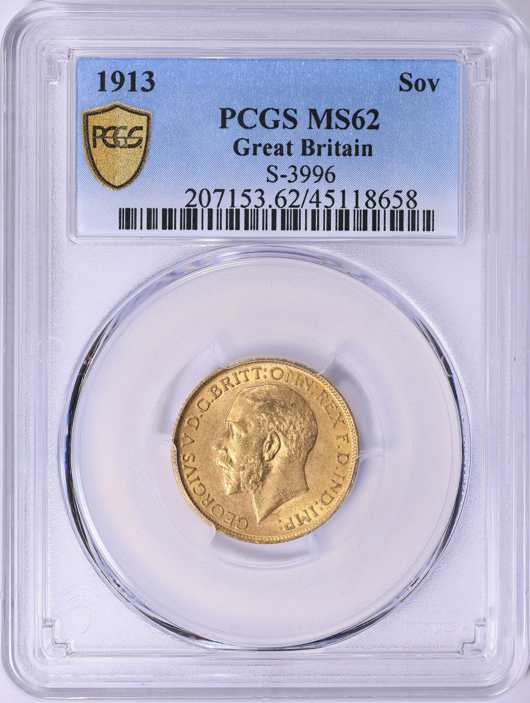 Great Britain 1913 Gold Sovereign KM-820 PCGS MS-62 (AGW = 0.2355 Oz ...