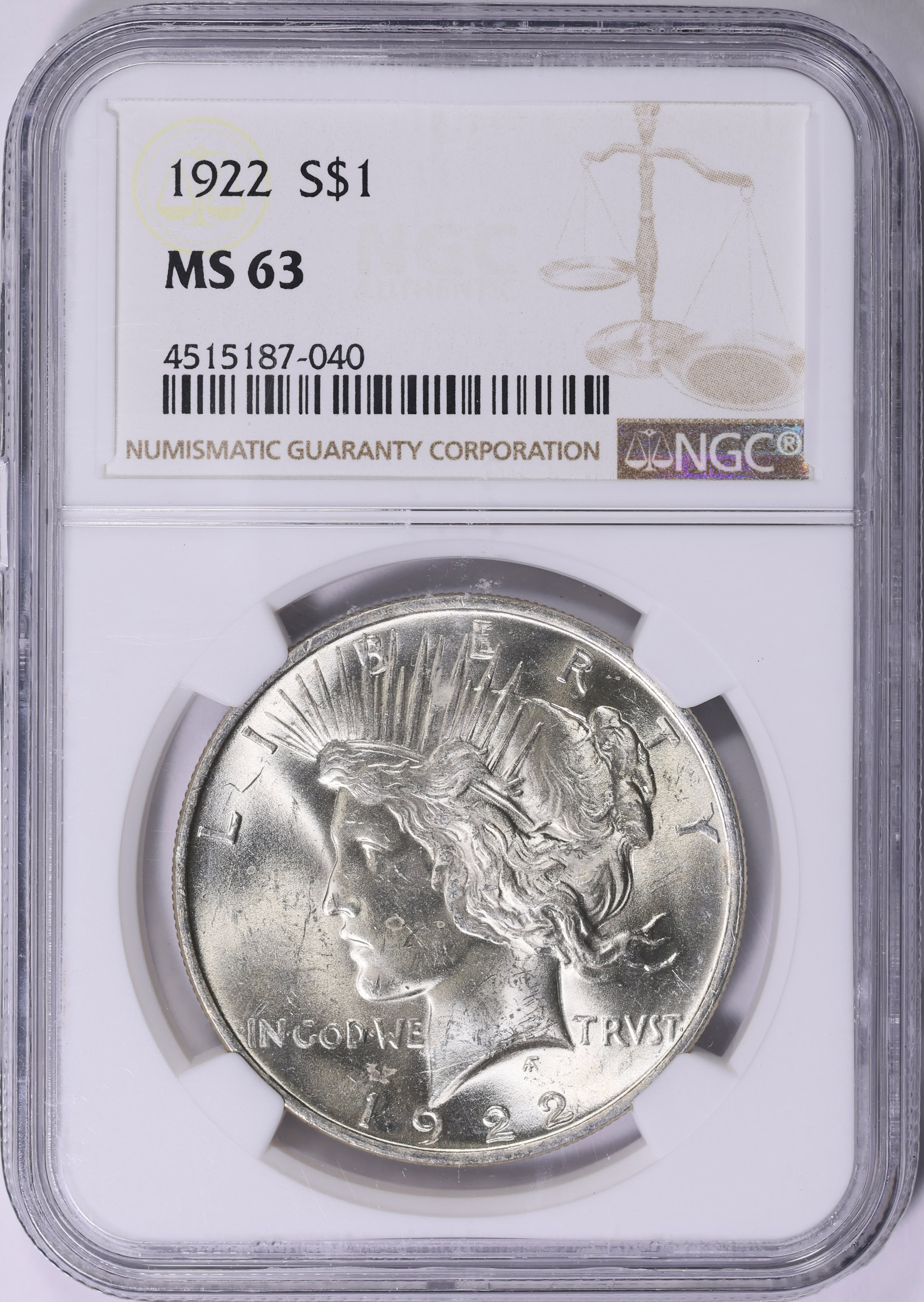 1922 Peace Silver Dollar NGC MS-63 (Item 1921240) | GreatCollections ...