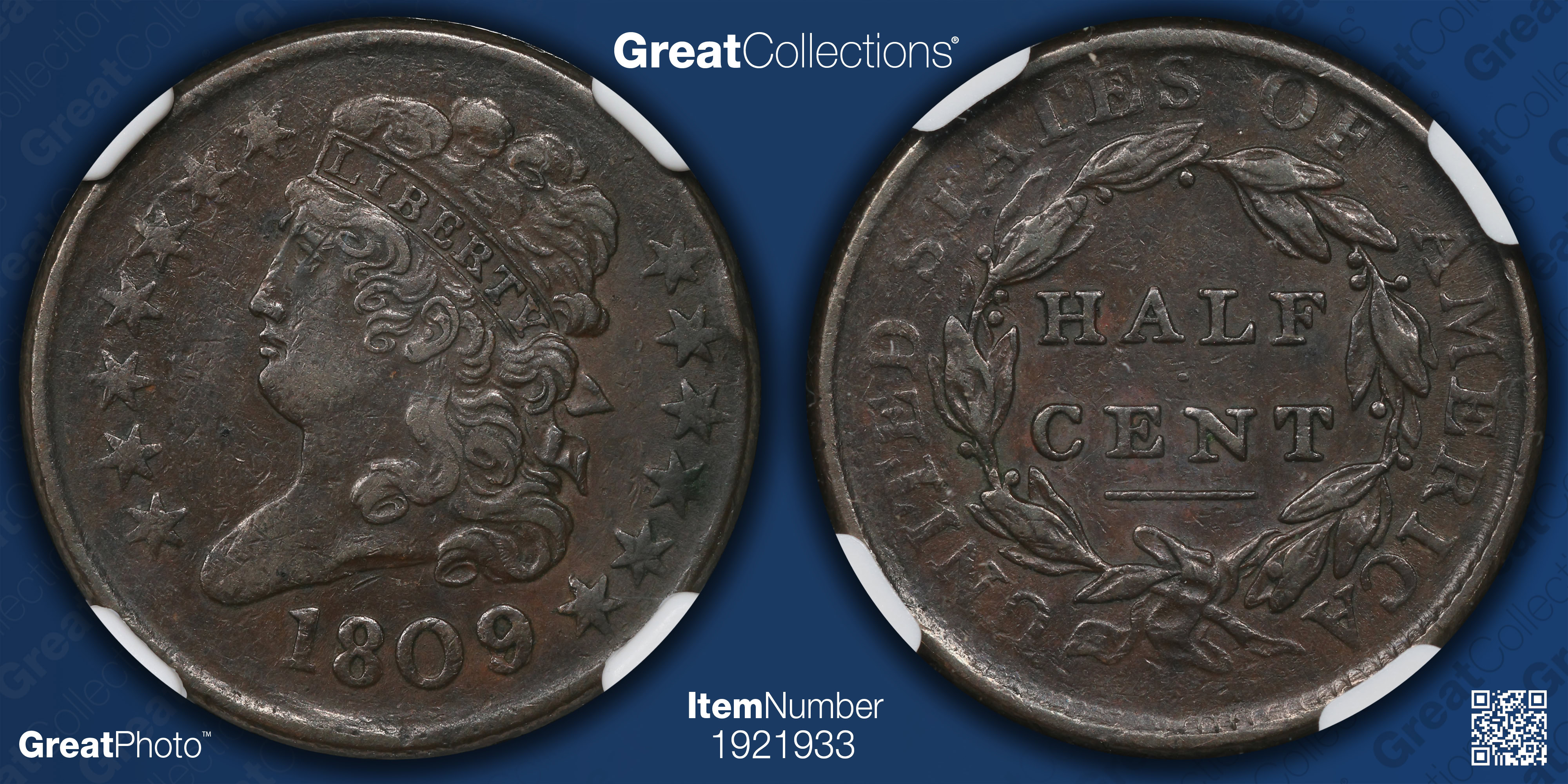 1809 Classic Half Cent 9 Over Inverted 9 Cohen 5 NGC XF-45 BN (Item 1921933) | GreatCollections ...