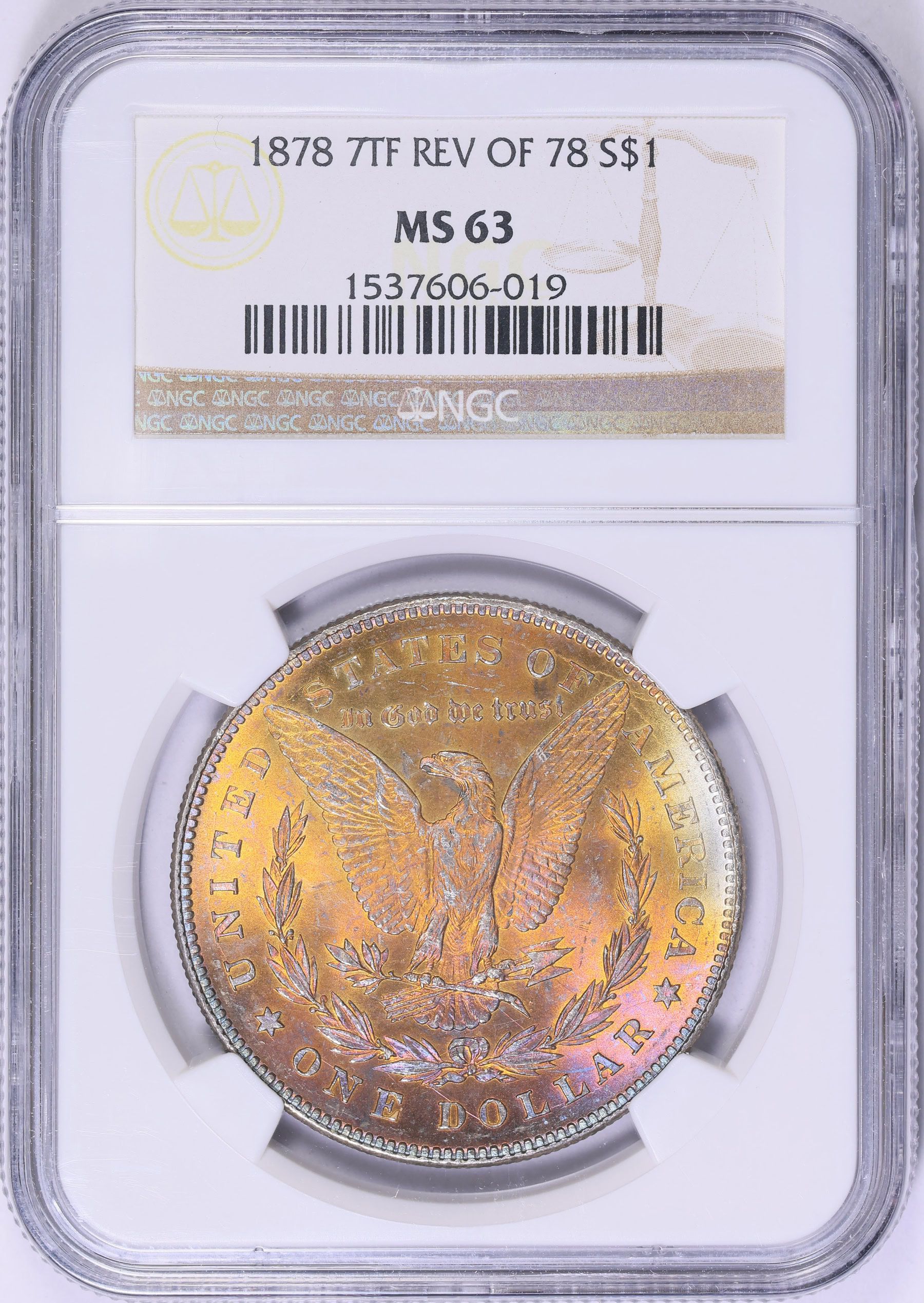 1878 Morgan Silver Dollar 7 Tailfeathers, Reverse of 1878 NGC MS-63 ...
