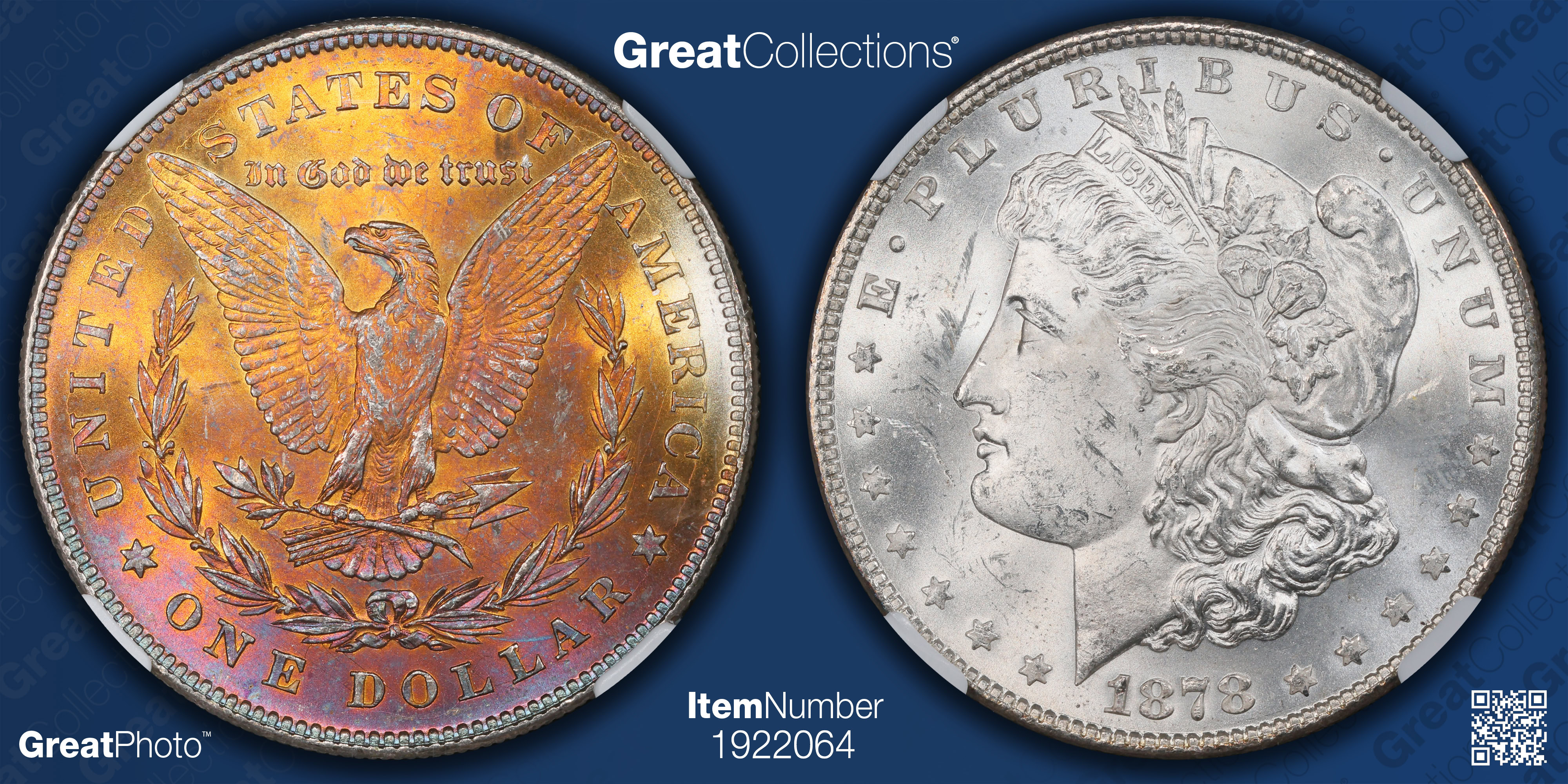 1878 Morgan Silver Dollar 7 Tailfeathers, Reverse of 1878 NGC MS-63 ...