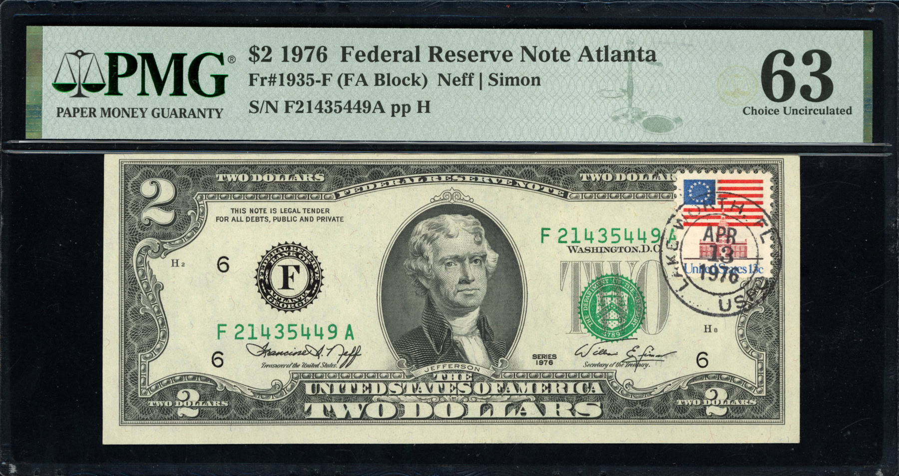 Fr. 1935-F (FA Block) 1976 $2 Atlanta Federal Reserve Note Neff / Simon ...