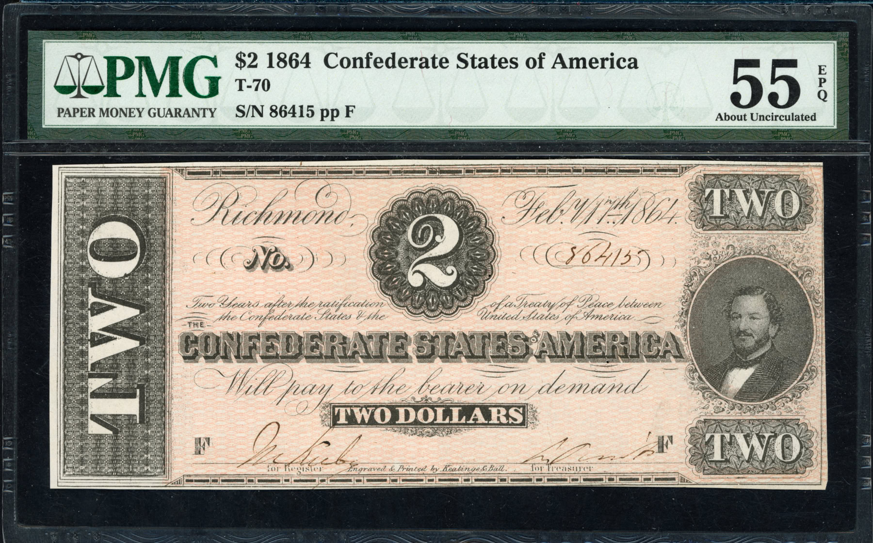 T-70 Confederate States of America 1864 $2 Note PMG About Uncirculated ...