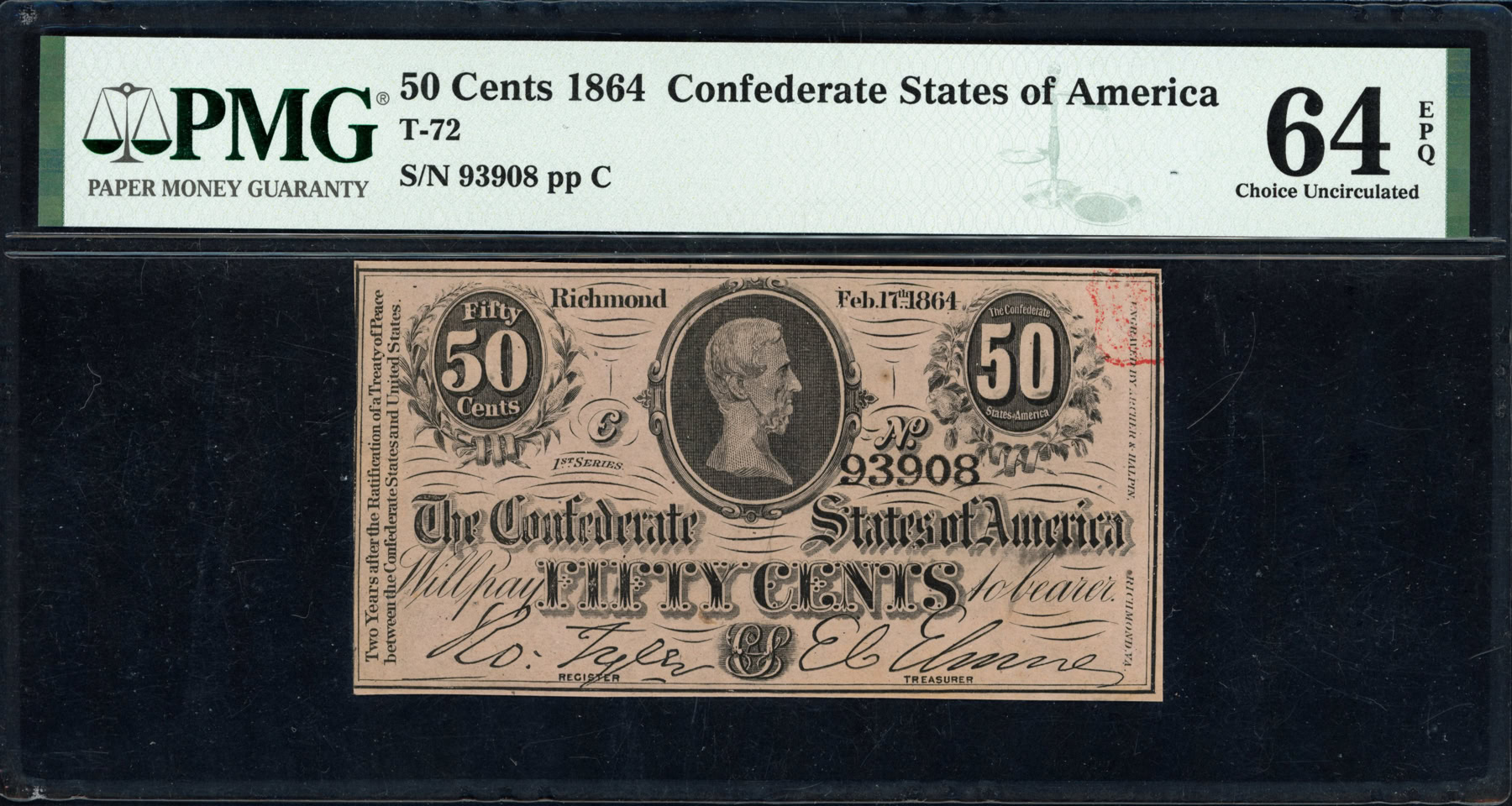 T-72 Confederate States of America 1864 50 Cents Note PMG Choice ...