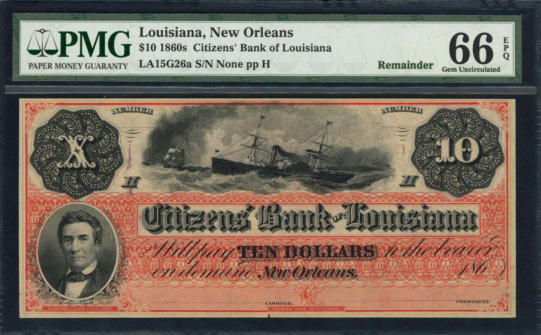 1860s New Orleans, Louisiana Citizens' Bank of Louisiana $10 Remainder ...