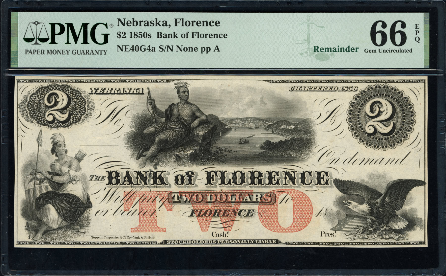 1850s Florence, Nebraska Bank of Florence $2 Remainder Note PMG Gem ...