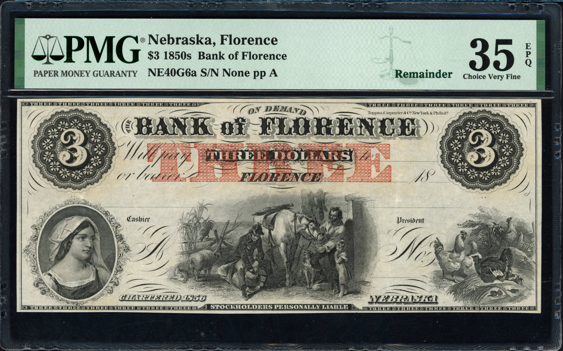 1850s Florence, Nebraska Bank of Florence $3 Remainder Note PMG Choice ...