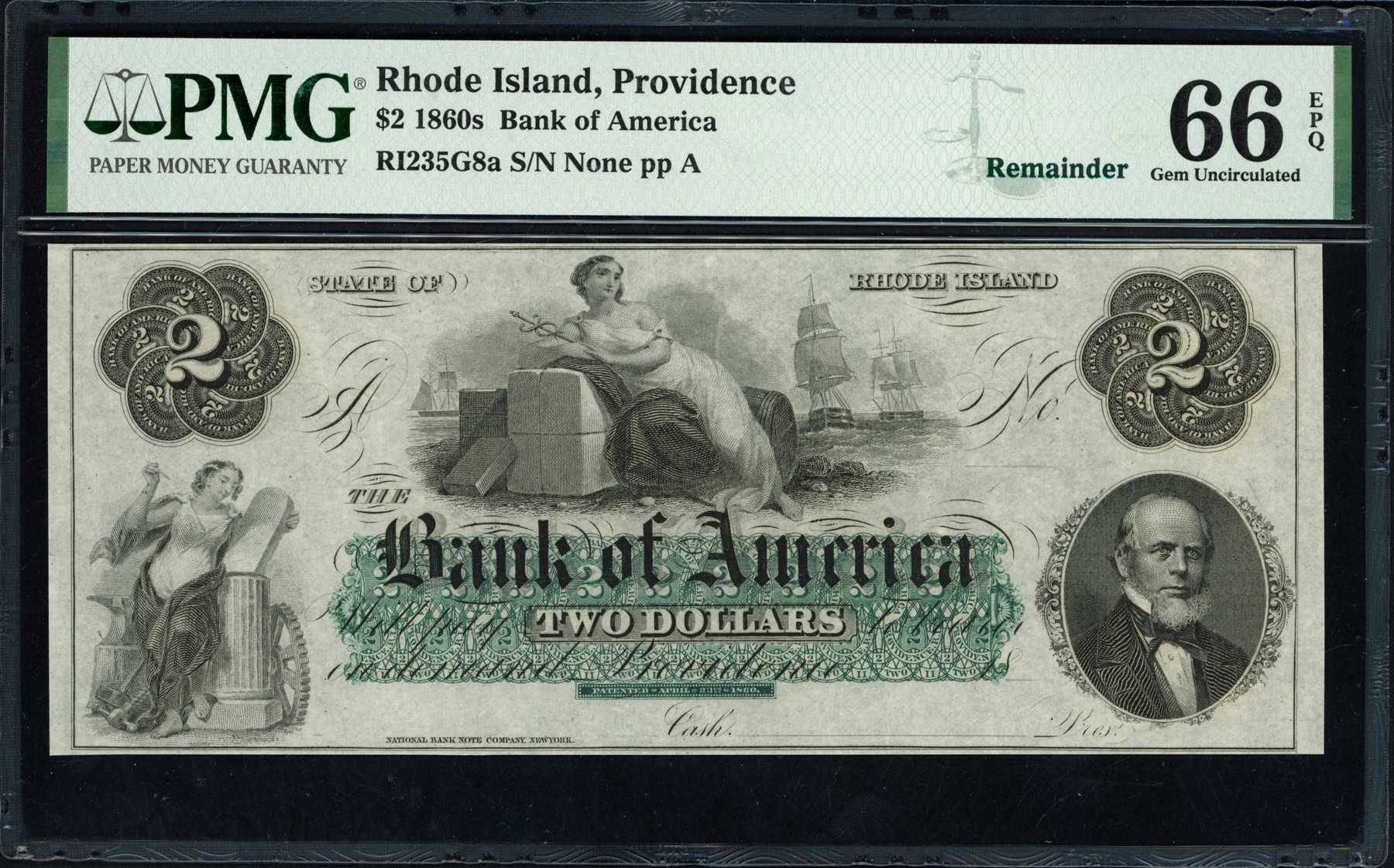 1860s Providence, Rhode Island Bank of America $2 Remainder Note PMG ...
