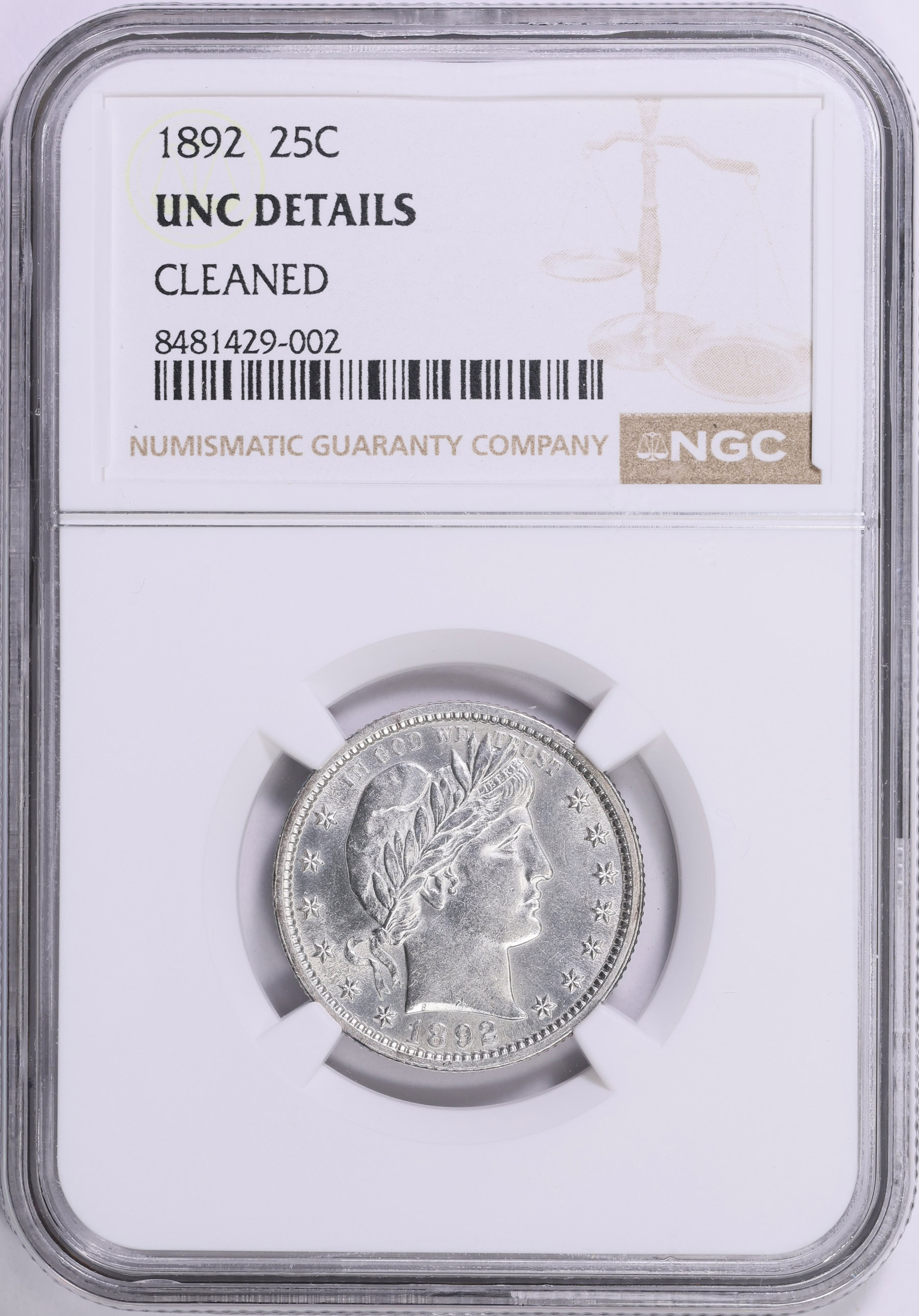 1892 Barber Quarter NGC Unc Details (Item 1922350) | GreatCollections ...