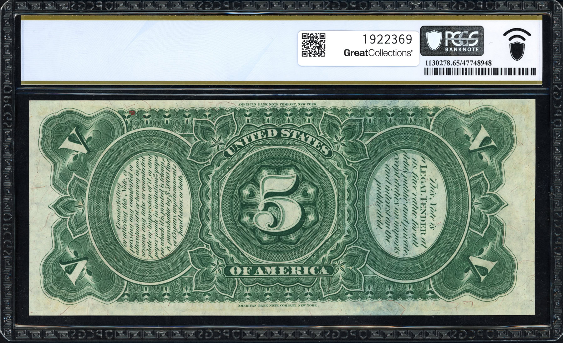 Fr. 64 1869 $5 Legal Tender Note Allison / Spinner PCGS Banknote Gem ...