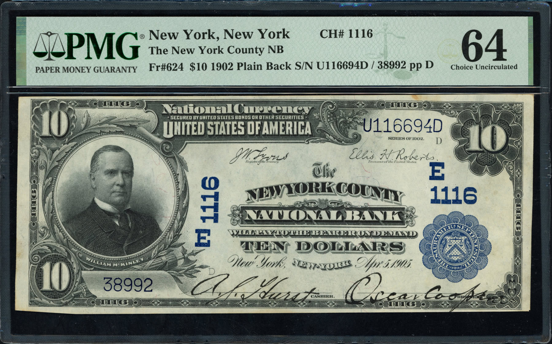 Fr. 624 New York City, New York 1902 Plain Back $10 Note The New York ...