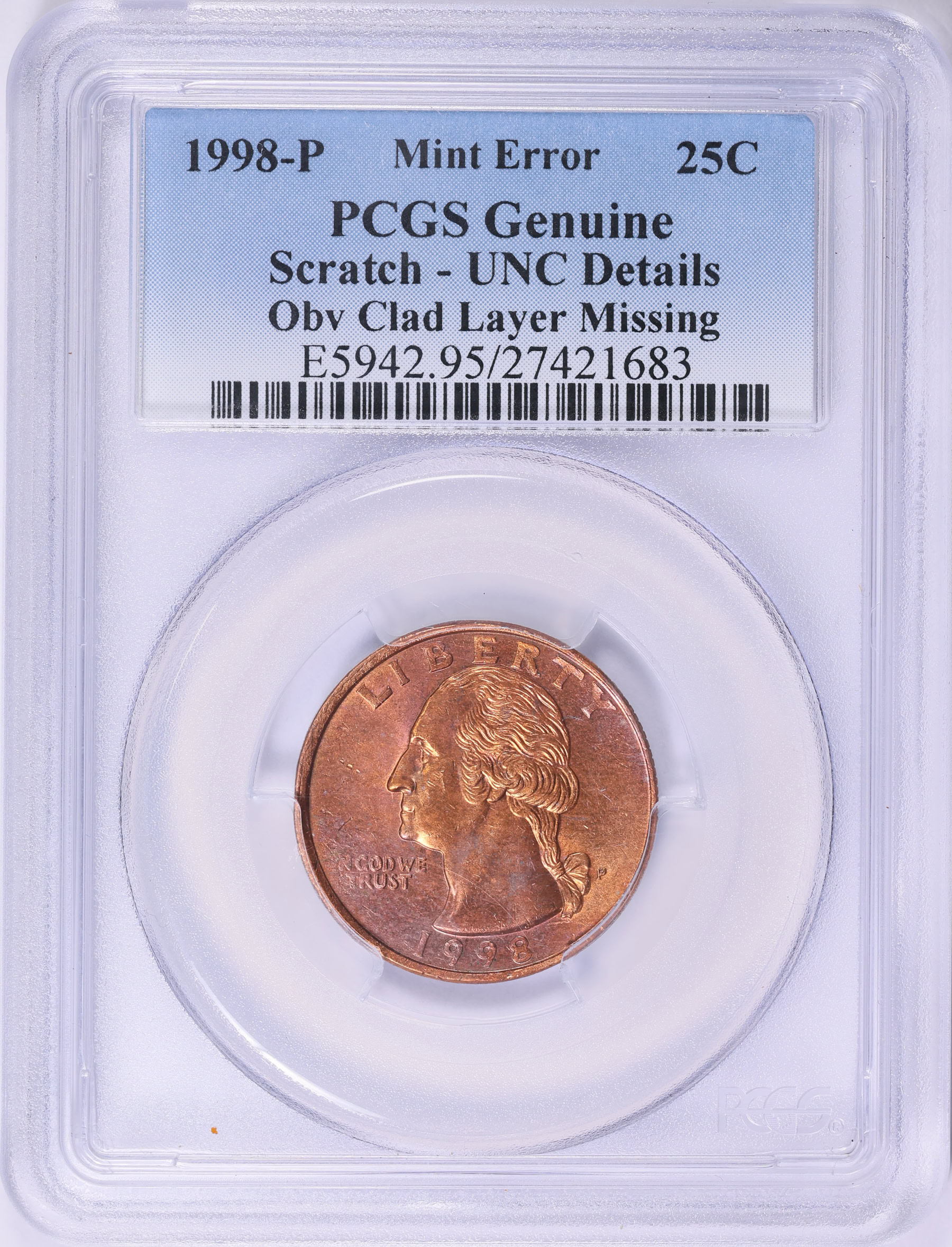 Mint Error 1998-P Washington Quarter Obverse Clad layer Missing PCGS ...