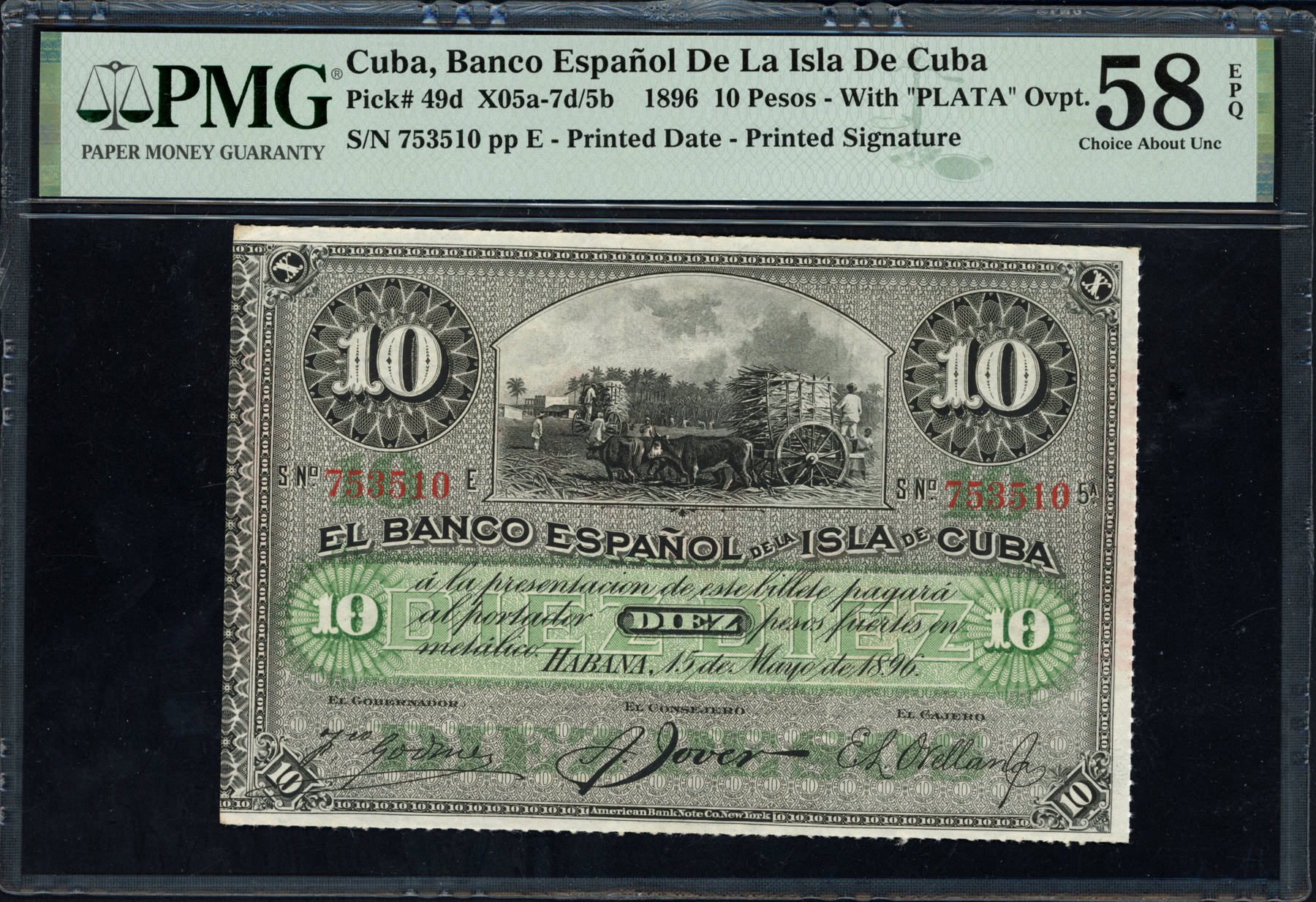 Cuba 1896 10 Pesos Banco Espanola de la Isla de Cuba Note SCWPM-49d PMG ...