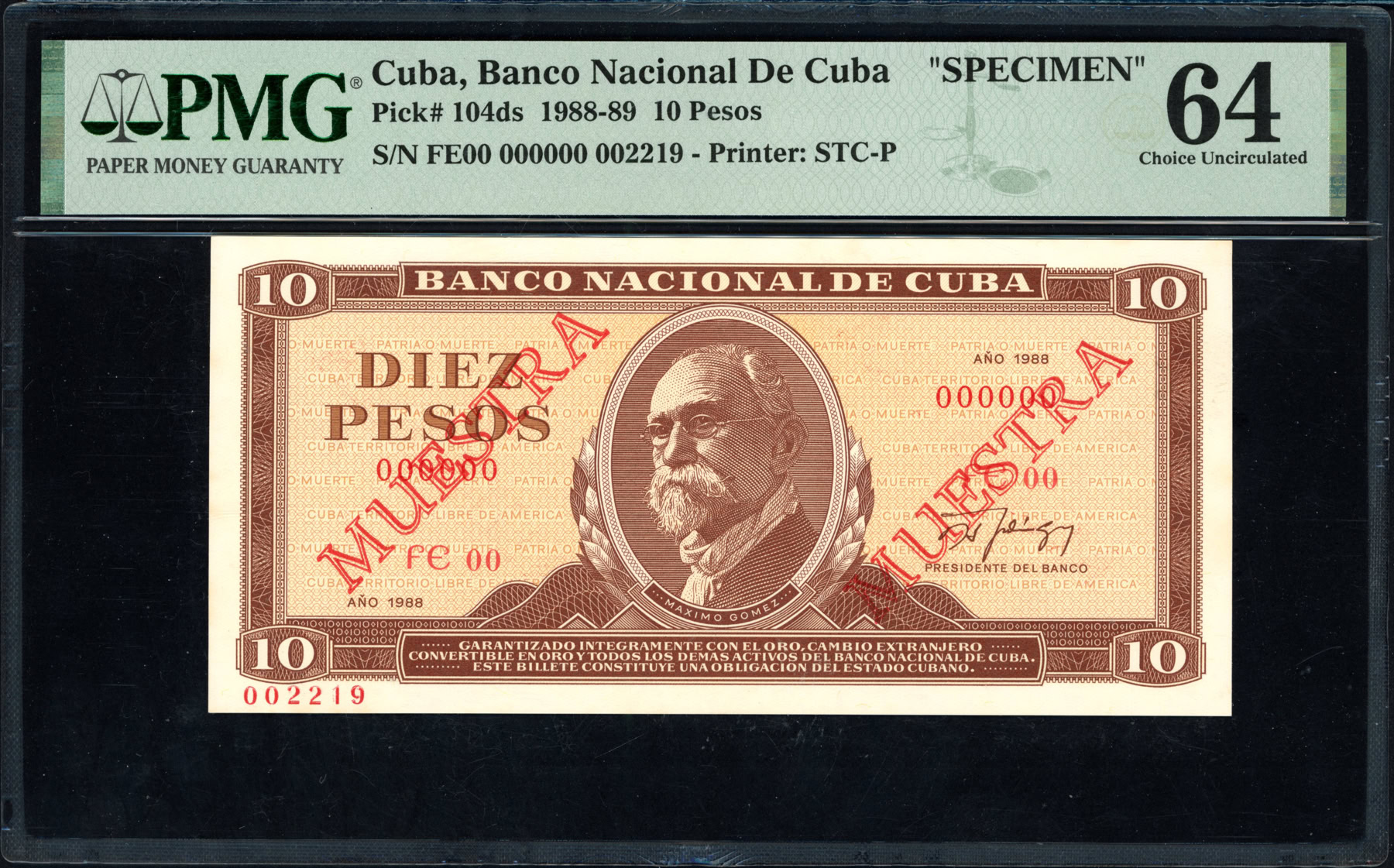 Cuba 1988 10 Pesos Banco Nacional de Cuba Specimen Note SCWPM-104ds PMG ...