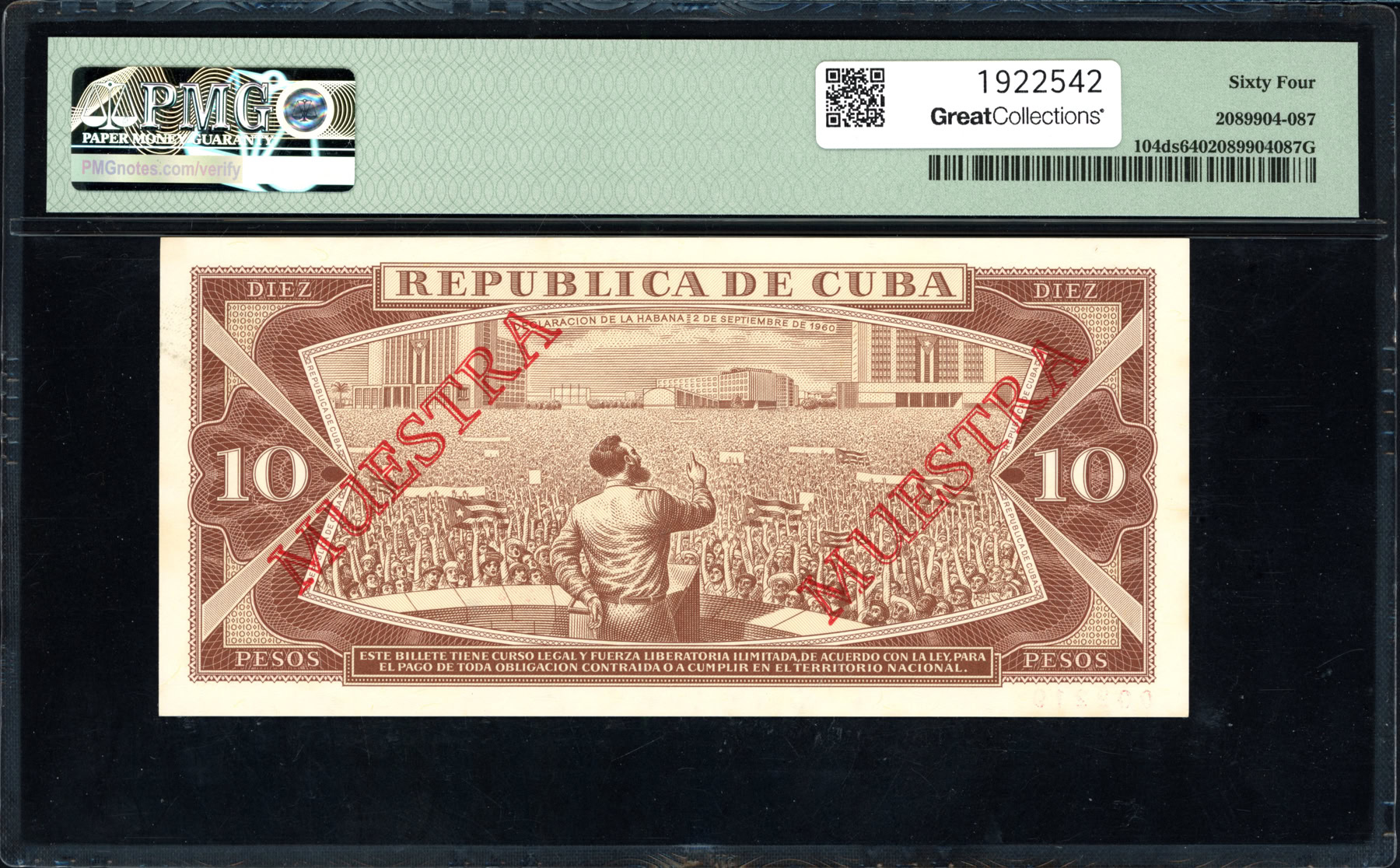 Cuba 1988 10 Pesos Banco Nacional de Cuba Specimen Note SCWPM-104ds PMG ...