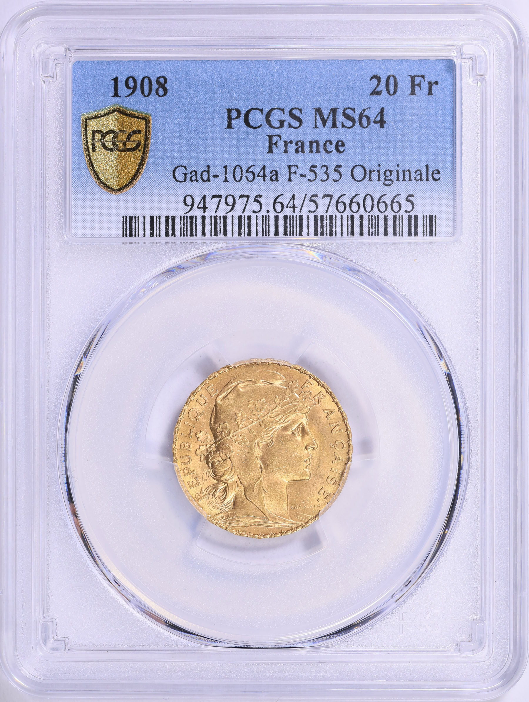 France 1908 Gold 20 Francs Originale KM-857 PCGS MS-64 (AGW = 0.1867 oz ...
