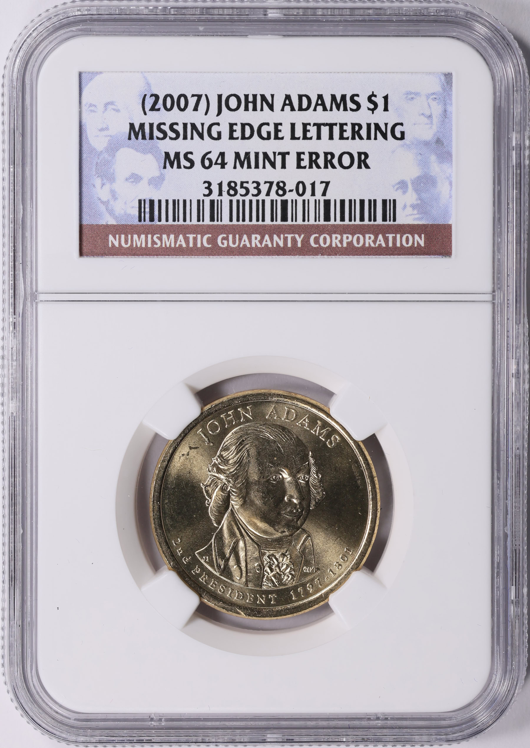 Mint Error (2007) Presidential Dollar John Adams Missing Edge Lettering ...