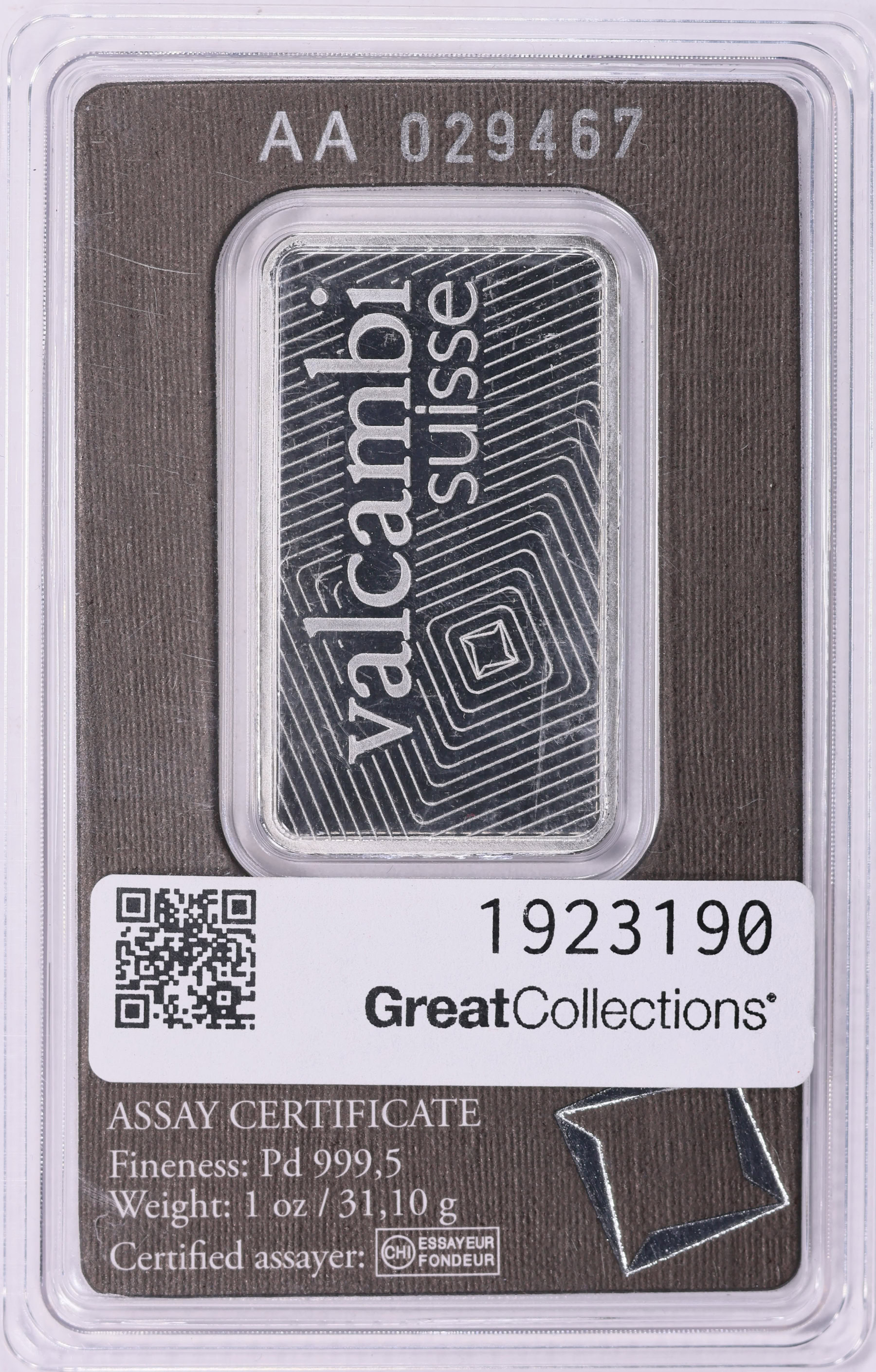 Switzerland ND Palladium 1oz Valcambi Ingot/Bar Uncertified in Card of ...