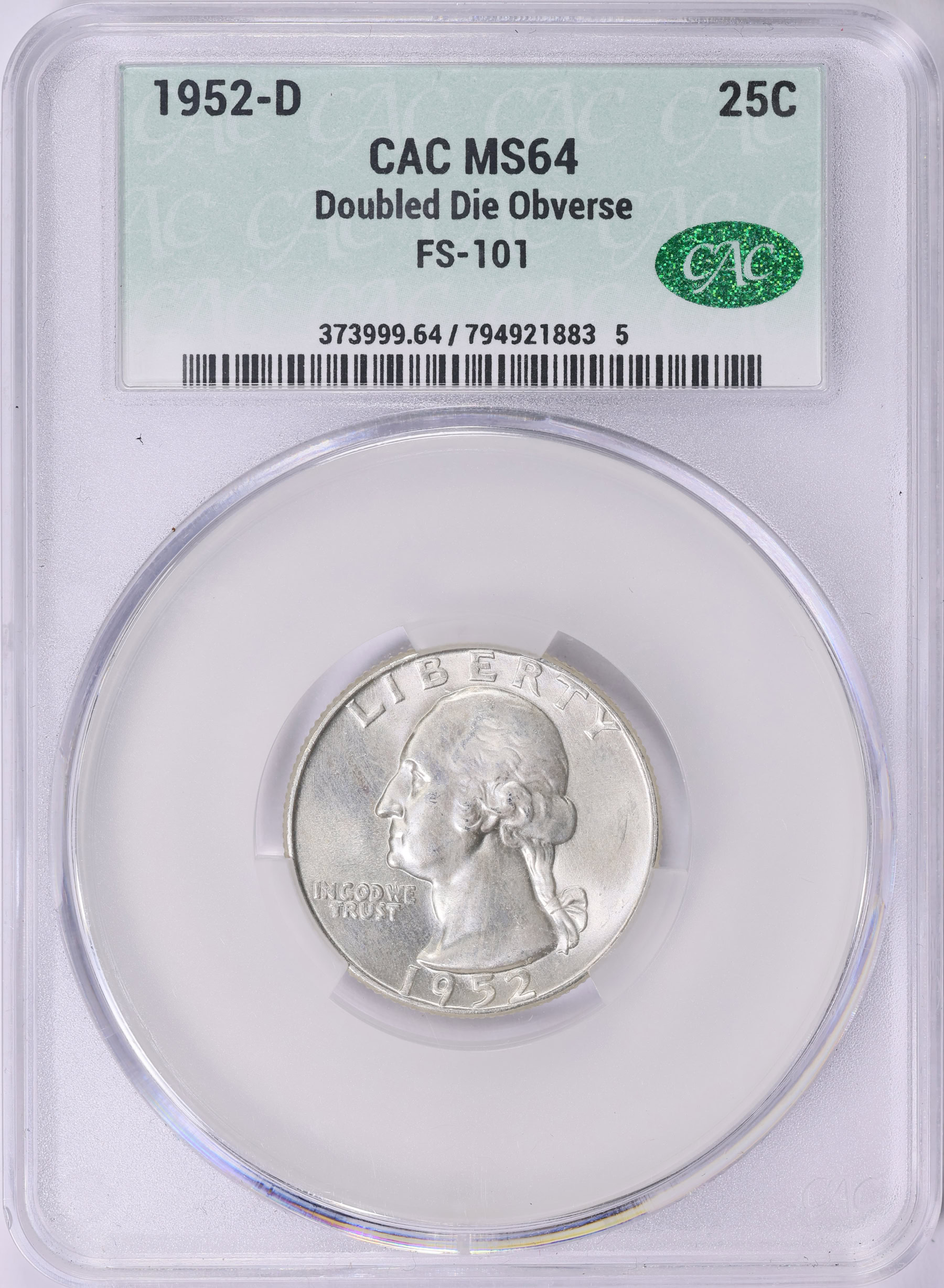 1952-D Washington Quarter Doubled Die Obverse FS-101 CACG MS-64 (Item ...