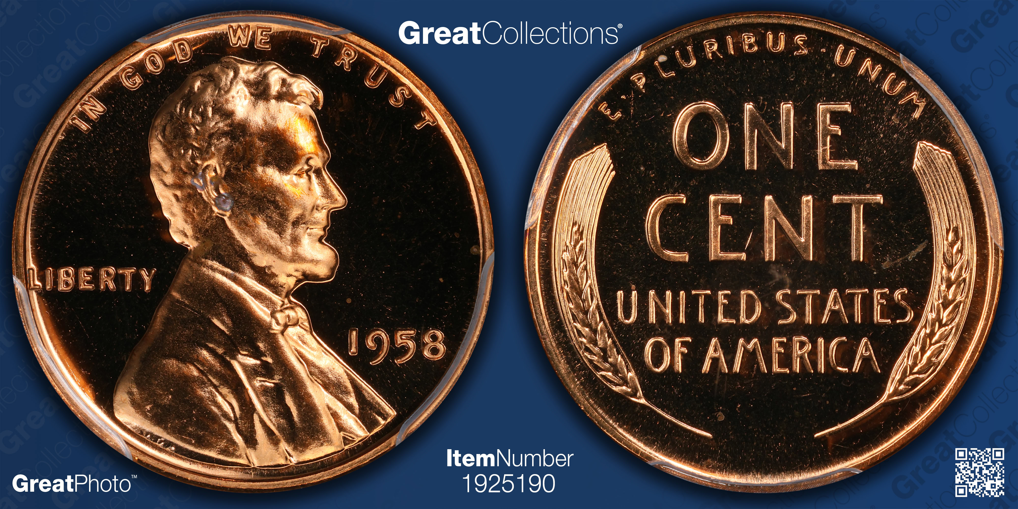 1958 Lincoln Cent PCGS Proof-66 CAMEO (Item 1925190) | GreatCollections ...