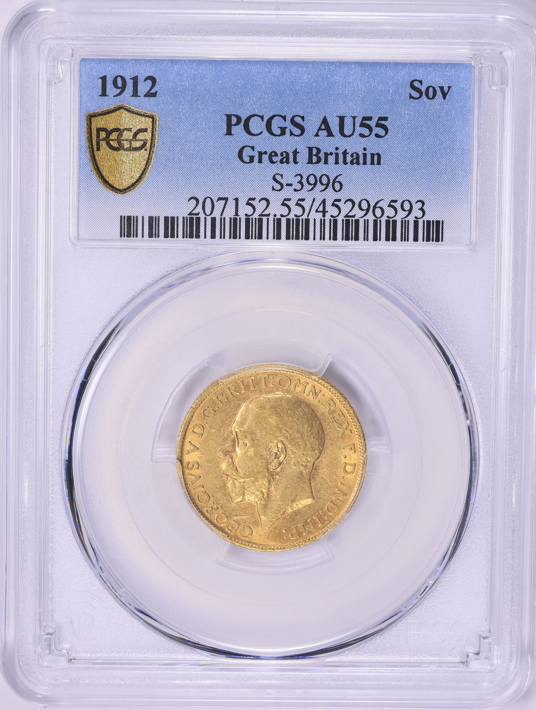 Great Britain 1912 Gold Sovereign KM-820 PCGS AU-55 (AGW = 0.2355 Oz ...