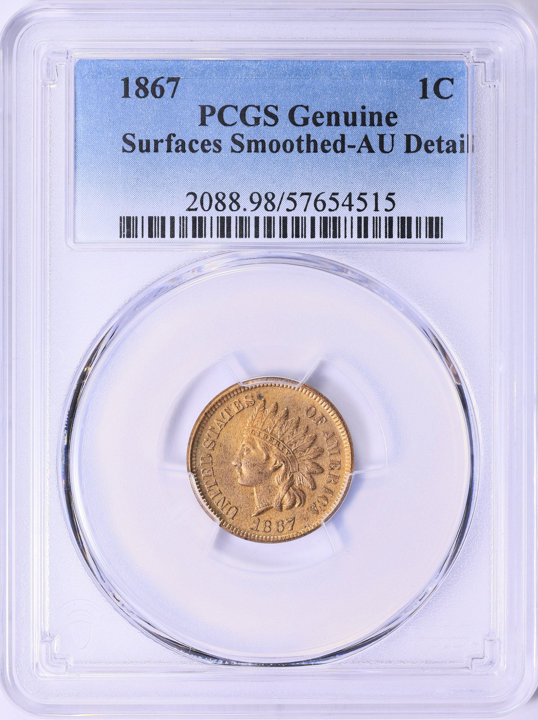 1867 Indian Cent PCGS Genuine AU Details (Item 1926374) | GreatCollections Coin Auctions