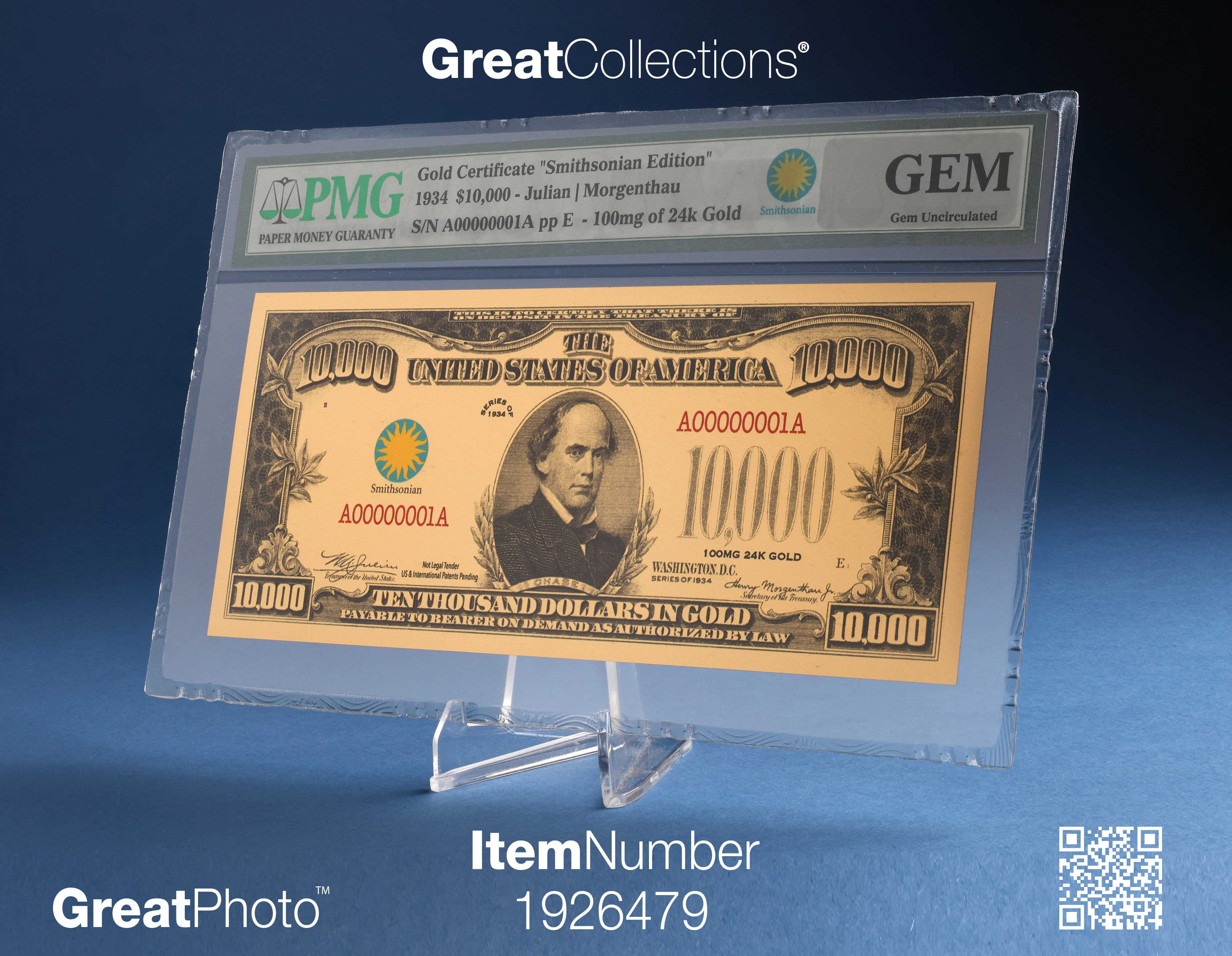 "1934" $10,000 Gold Certificate "Smithsonian Edition" Note of 100mg of ...