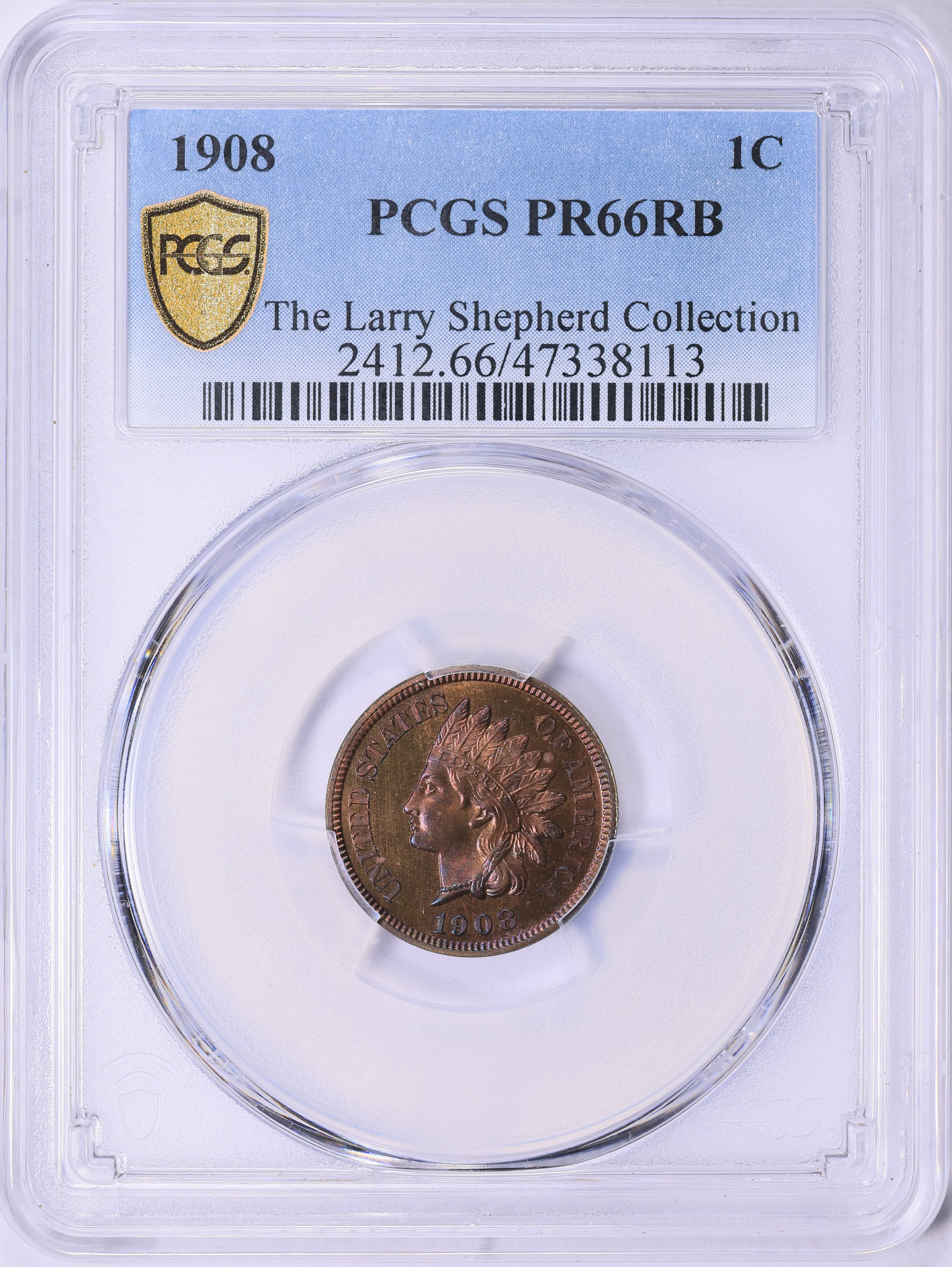 1908 Indian Cent PCGS Proof-66 RB (Toned) (The Larry Shepherd ...