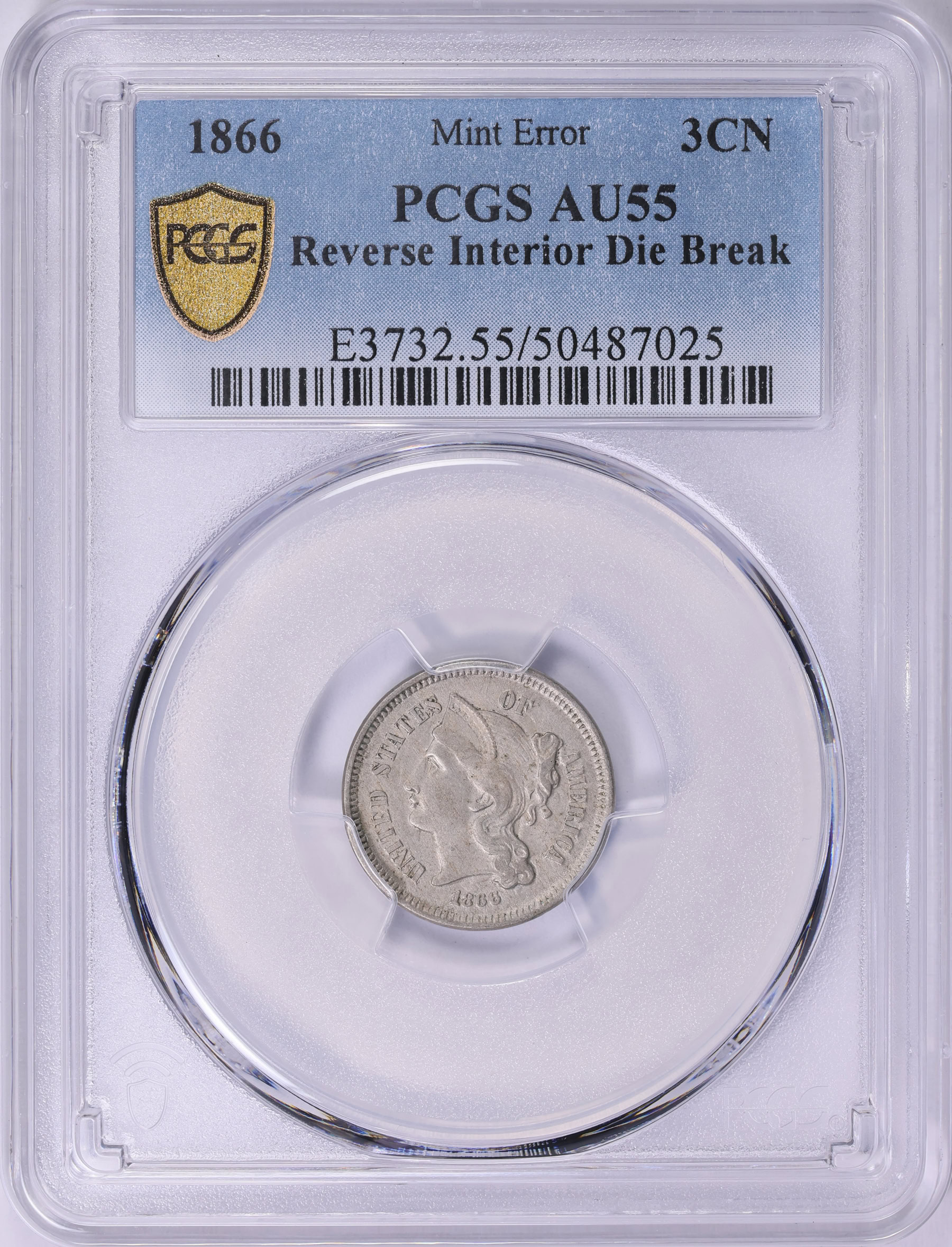 Mint Error 1866 Nickel Three-Cent Piece Reverse Interior Die Break PCGS ...