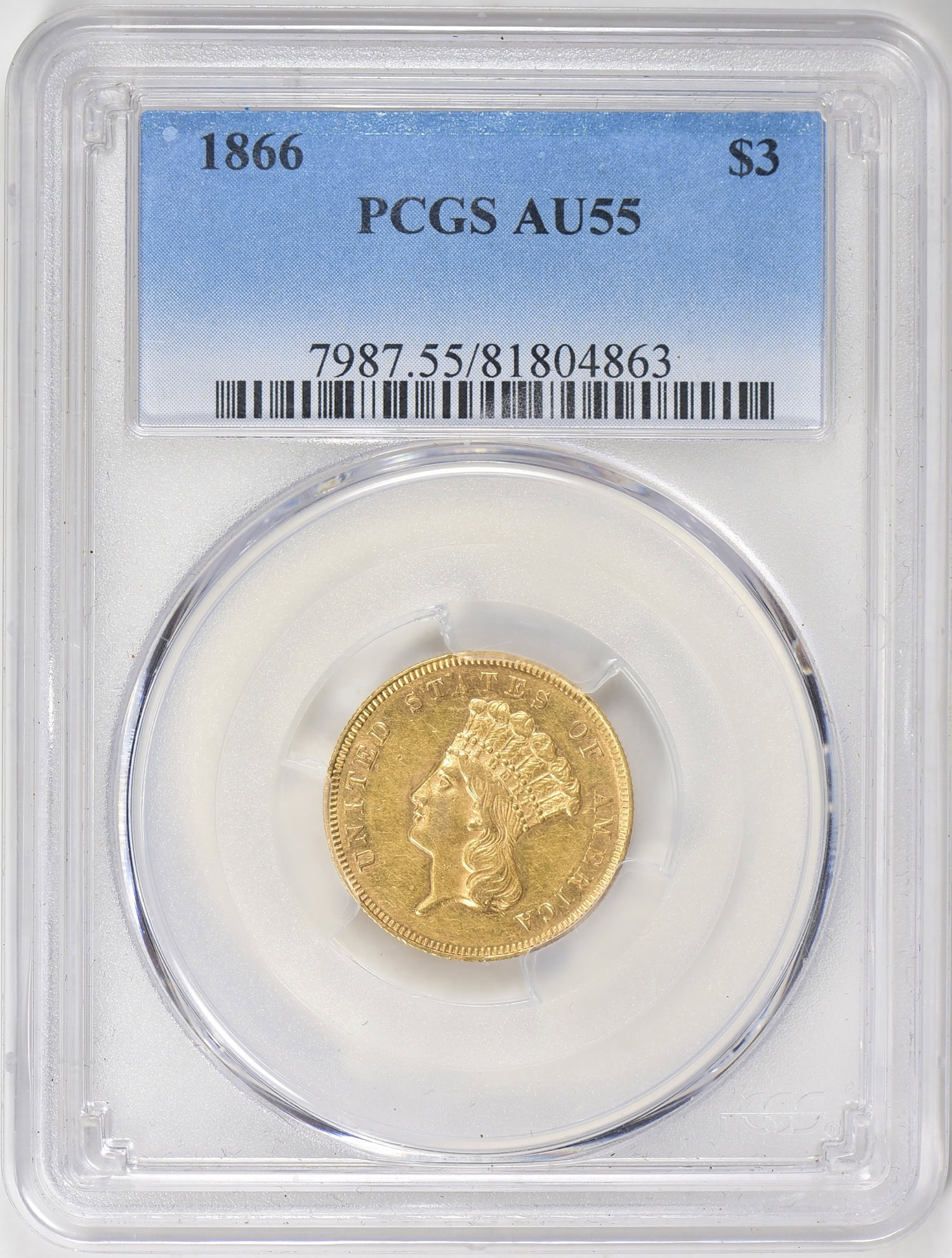 1866 Three-Dollar Gold Piece PCGS AU-55 (Item 1927496 ...
