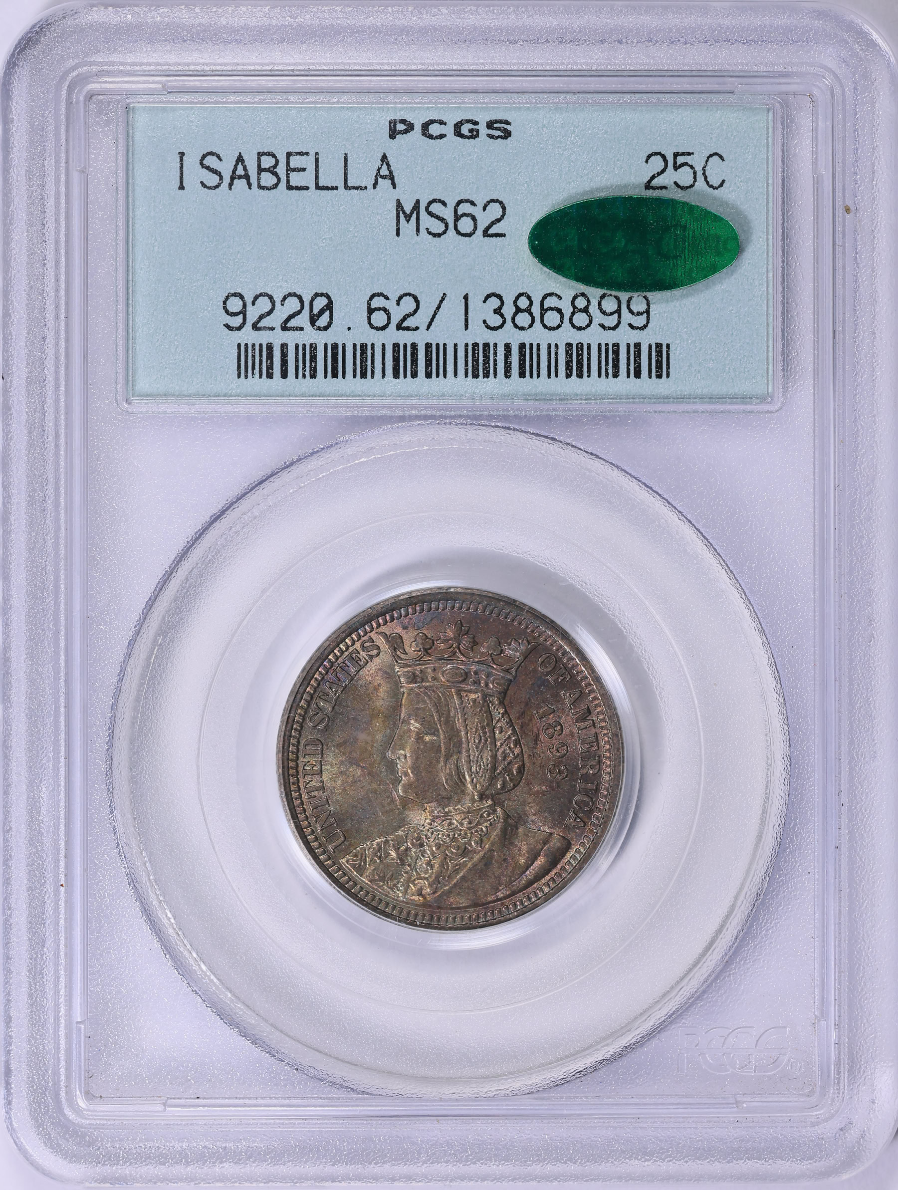 1893 World Columbian Exposition, Isabella Quarter PCGS MS-62 (CAC Green ...