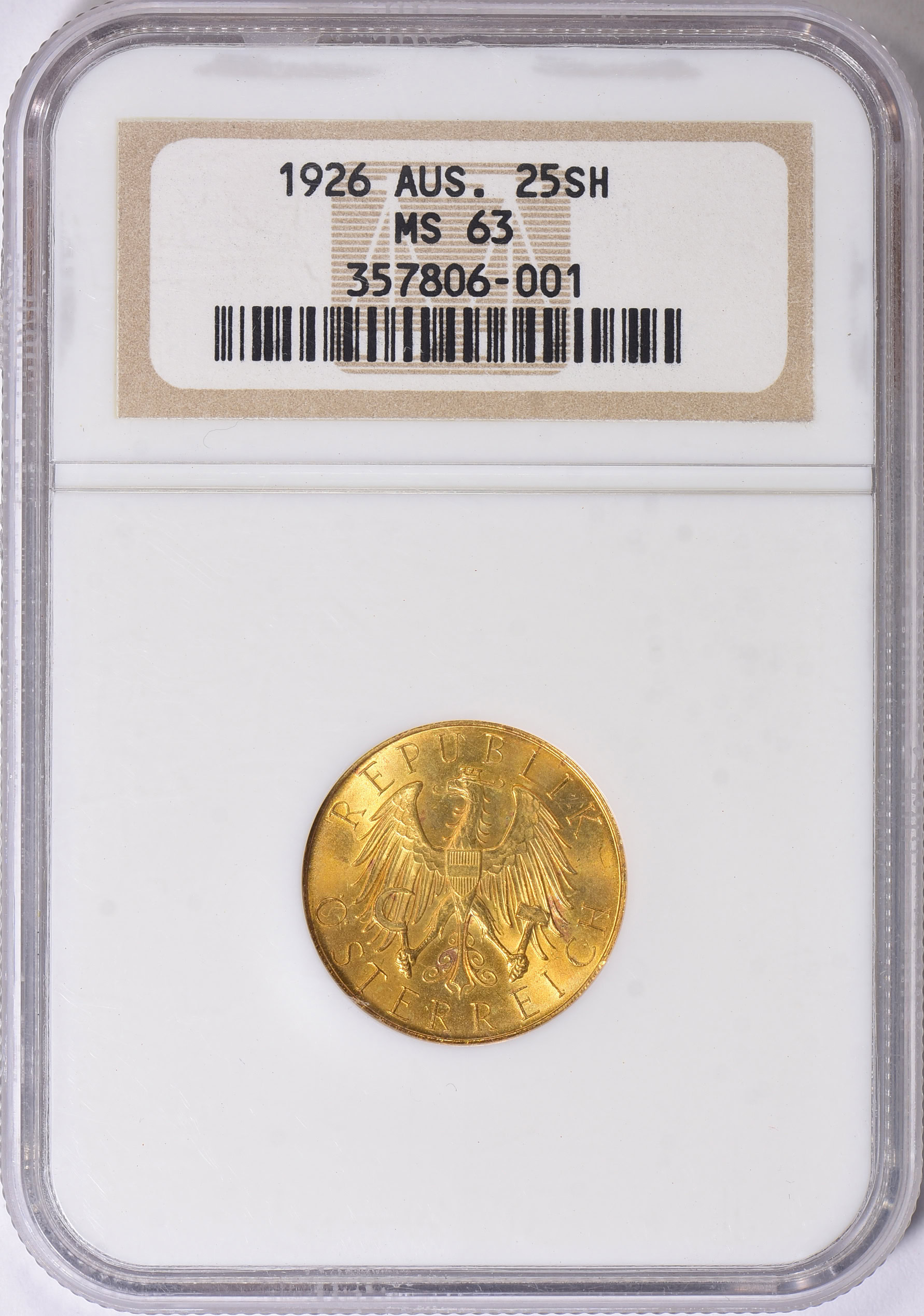 Austria 1926 Gold 25 Schilling KM-2841 NGC MS-63 (AGW = 0.1702 Oz ...