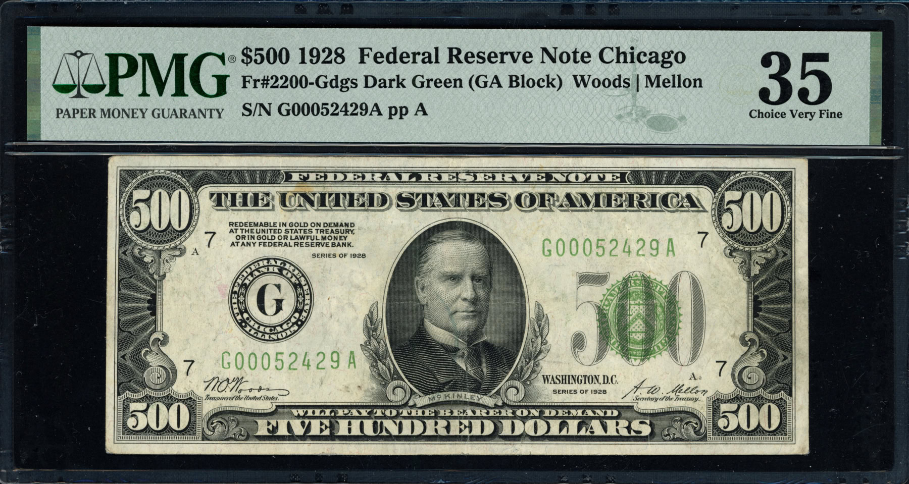 Fr. 2200-Gdgs Dark Green (GA Block) 1928 $500 Federal Reserve Note ...