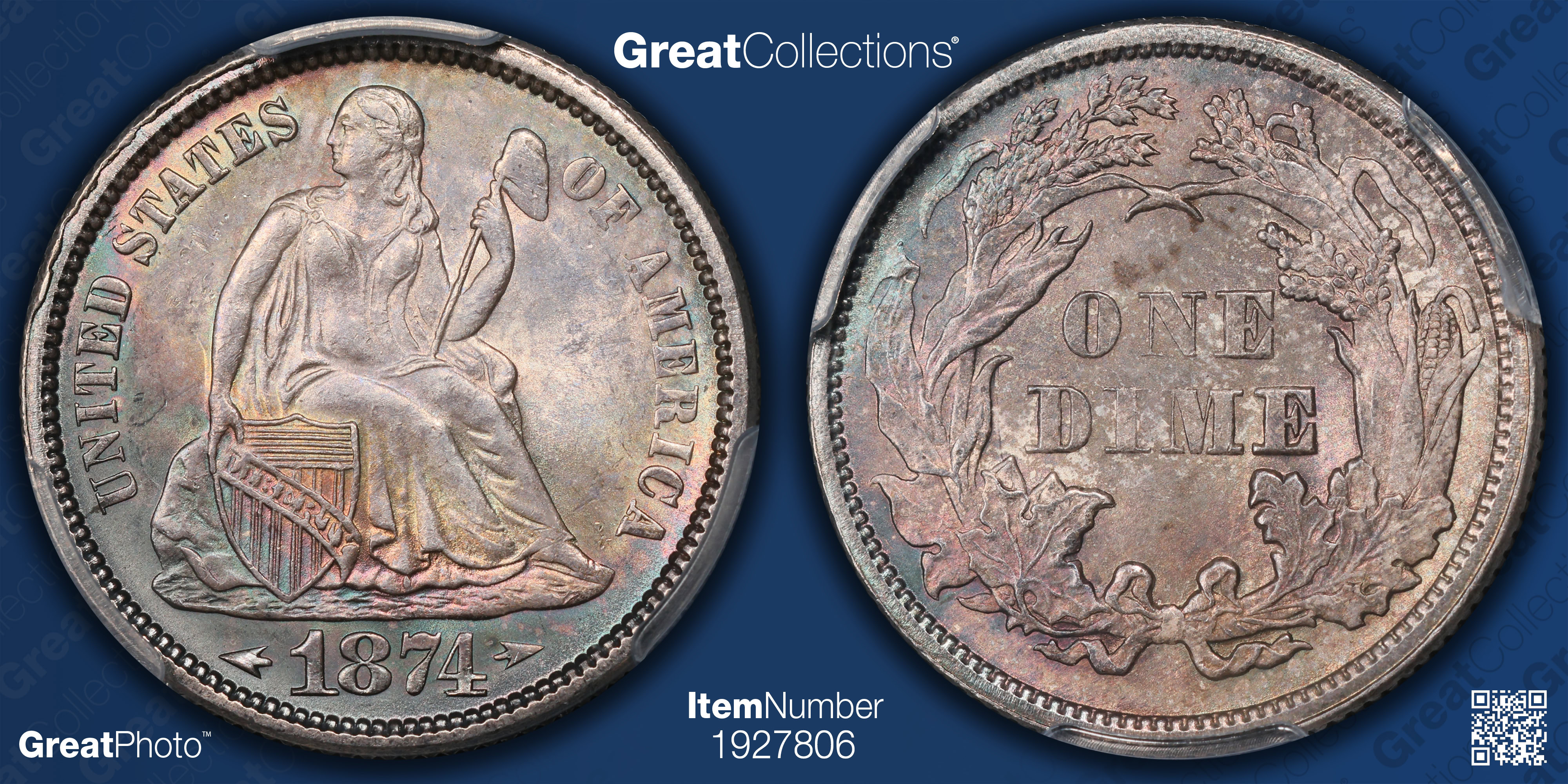 1874 Seated Liberty Dime Arrows PCGS MS-64 (CAC Green) (Toned) (Item ...