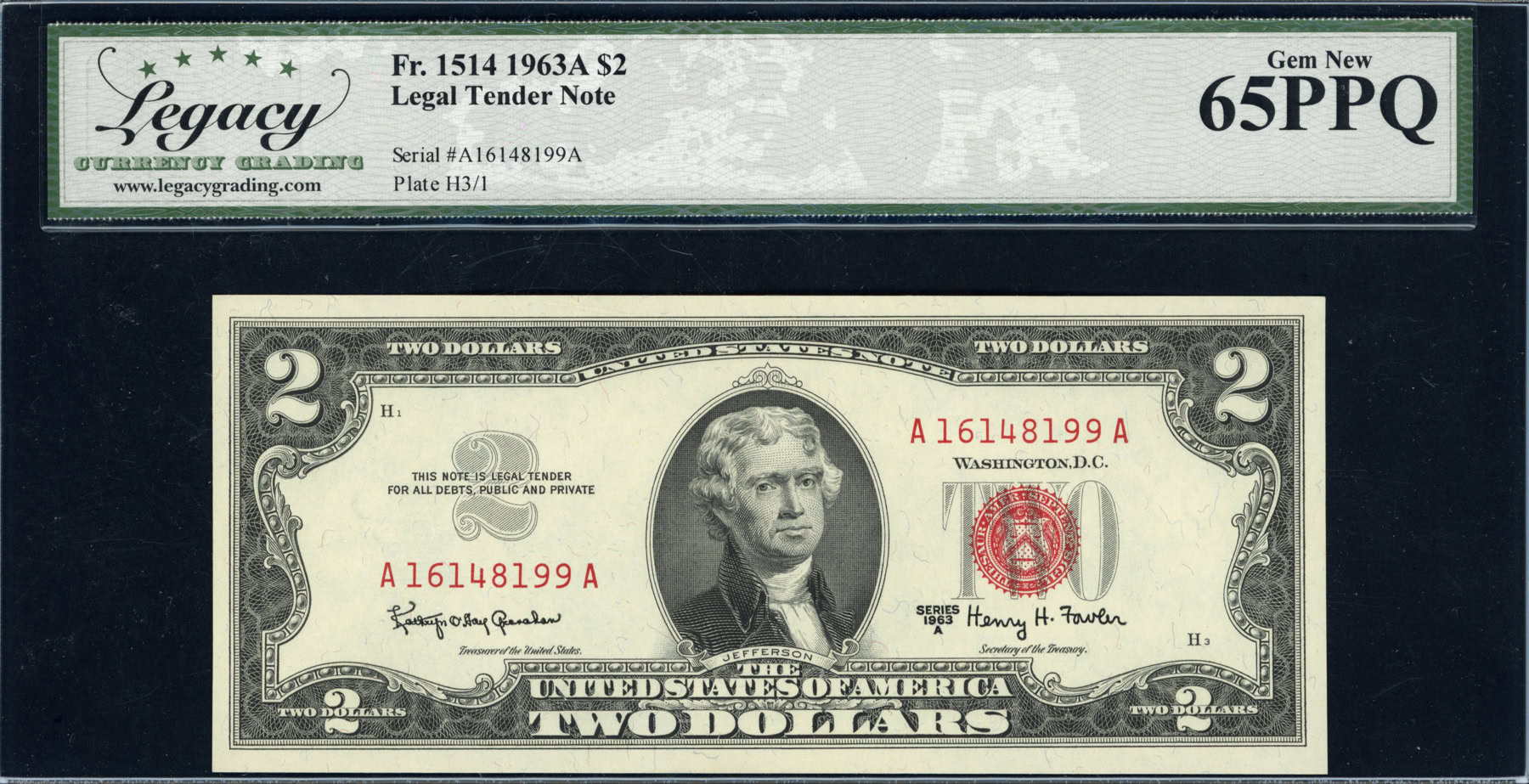 Fr. 1514 (AA Block) 1963A $2 Legal Tender Note Granahan / Fowler Legacy ...