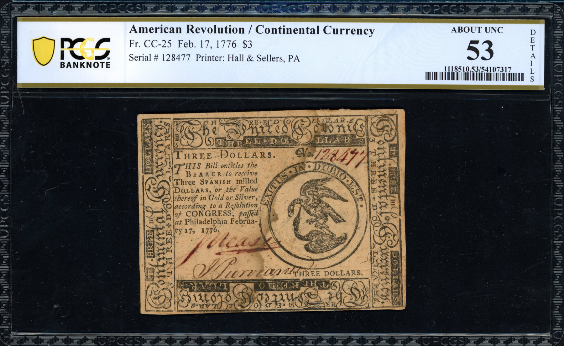 Fr. CC-25 February 17, 1776 $3 Continental Currency Note PCGS Banknote ...