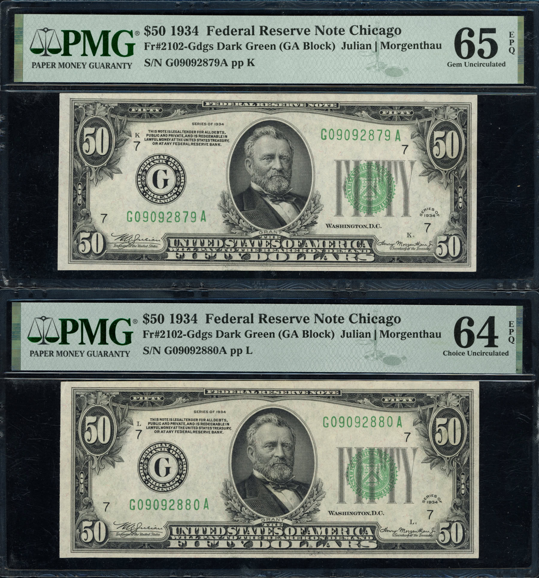 Fr. 2102-Gdgs Dark Green (GA Block) 1934 $50 Chicago Federal Reserve ...