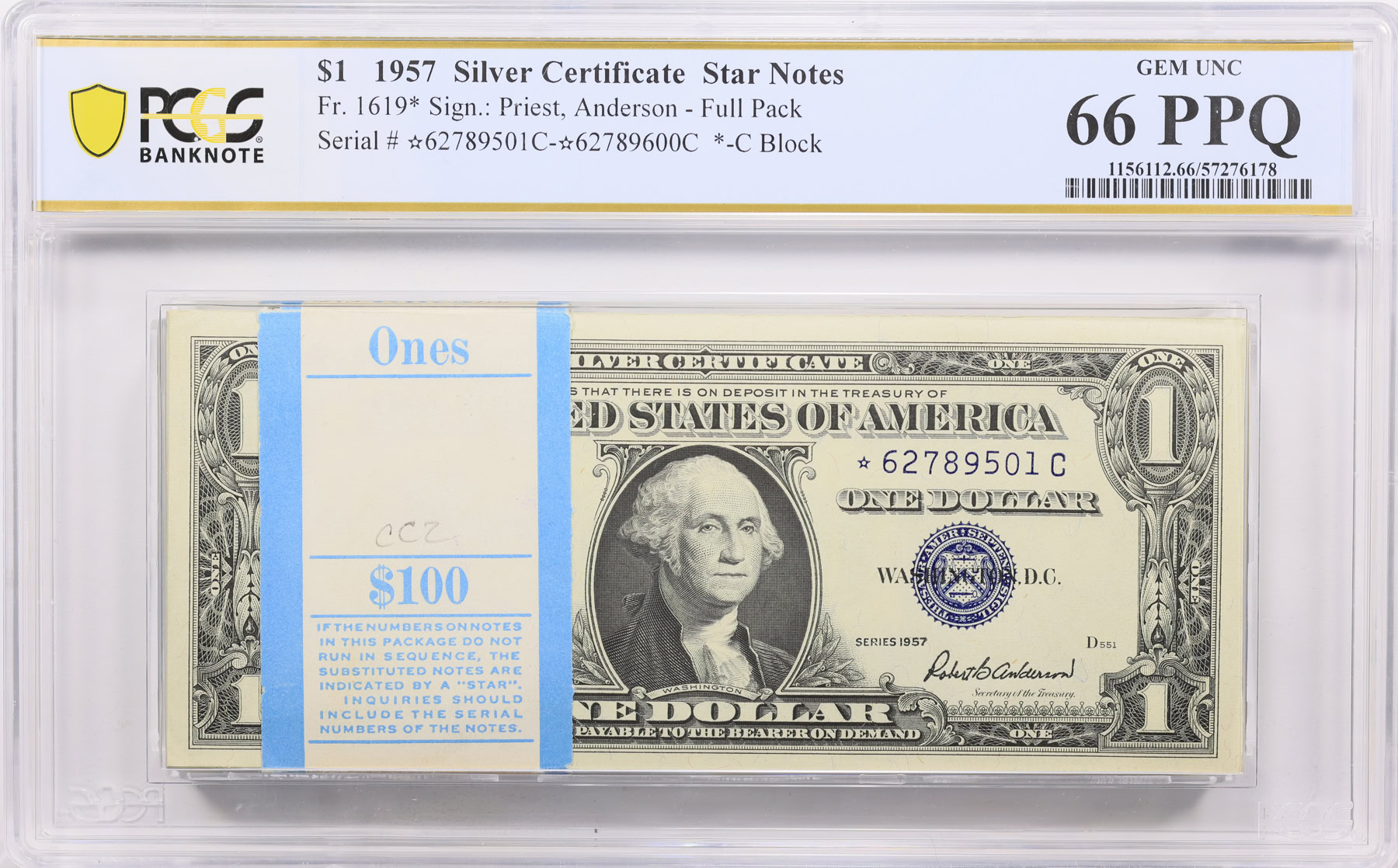 Fr. 1619* (*C Block) 1957 $1 Silver Certificate Star Note Full Pack ...
