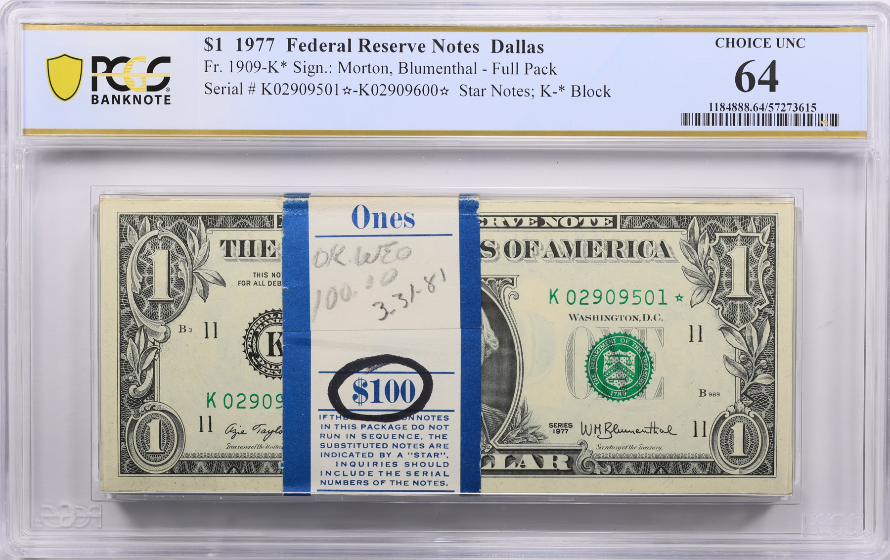 Fr. 1909-K* (K* Block) 1977 $1 Dallas Federal Reserve Star Notes Full ...
