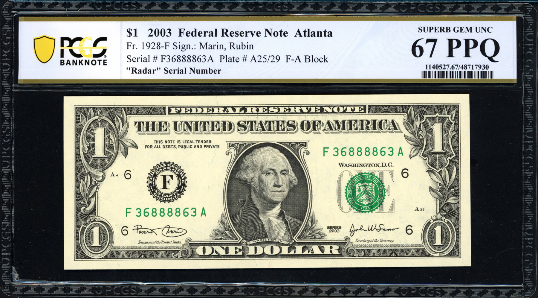 Fr. 1928-F (FA Block) 2003 $1 Atlanta Federal Reserve Note *Radar ...