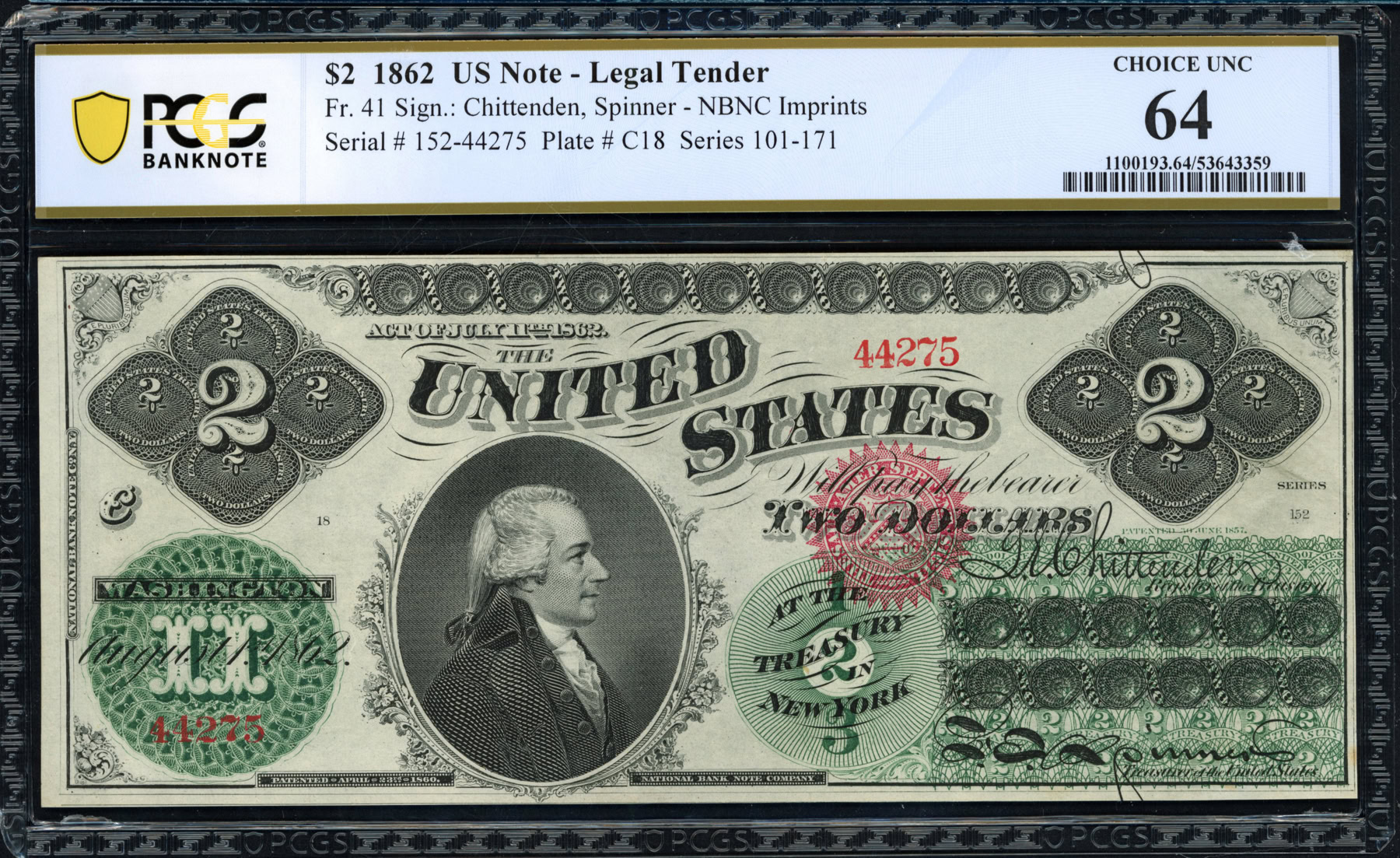 Fr. 41 1862 $2 Legal Tender Note Type 2, Series 152, Chittenden ...