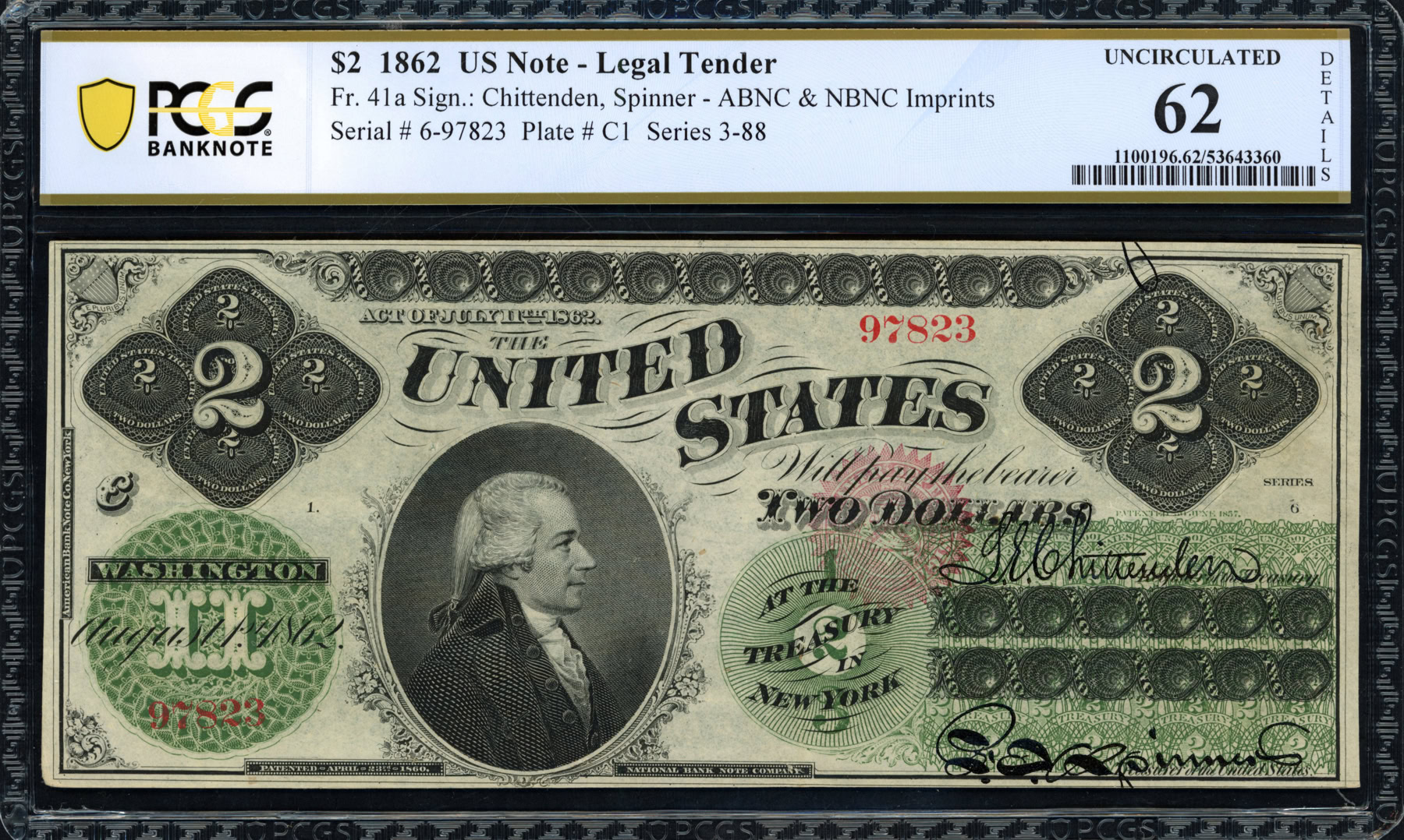 Fr. 41a 1862 $2 Legal Tender Note Type 2, Series 6, Chittenden ...