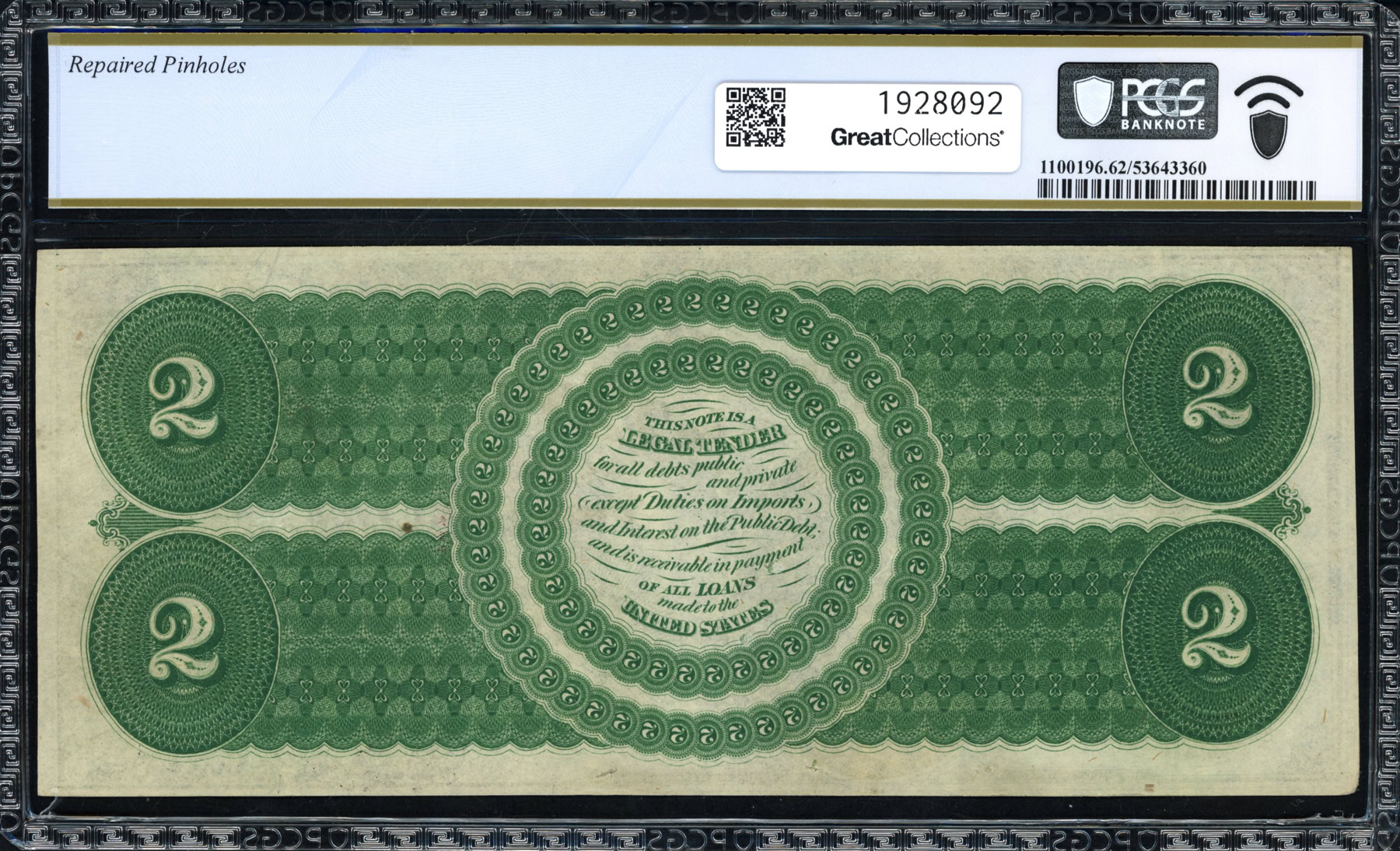 Fr. 41a 1862 $2 Legal Tender Note Type 2, Series 6, Chittenden ...